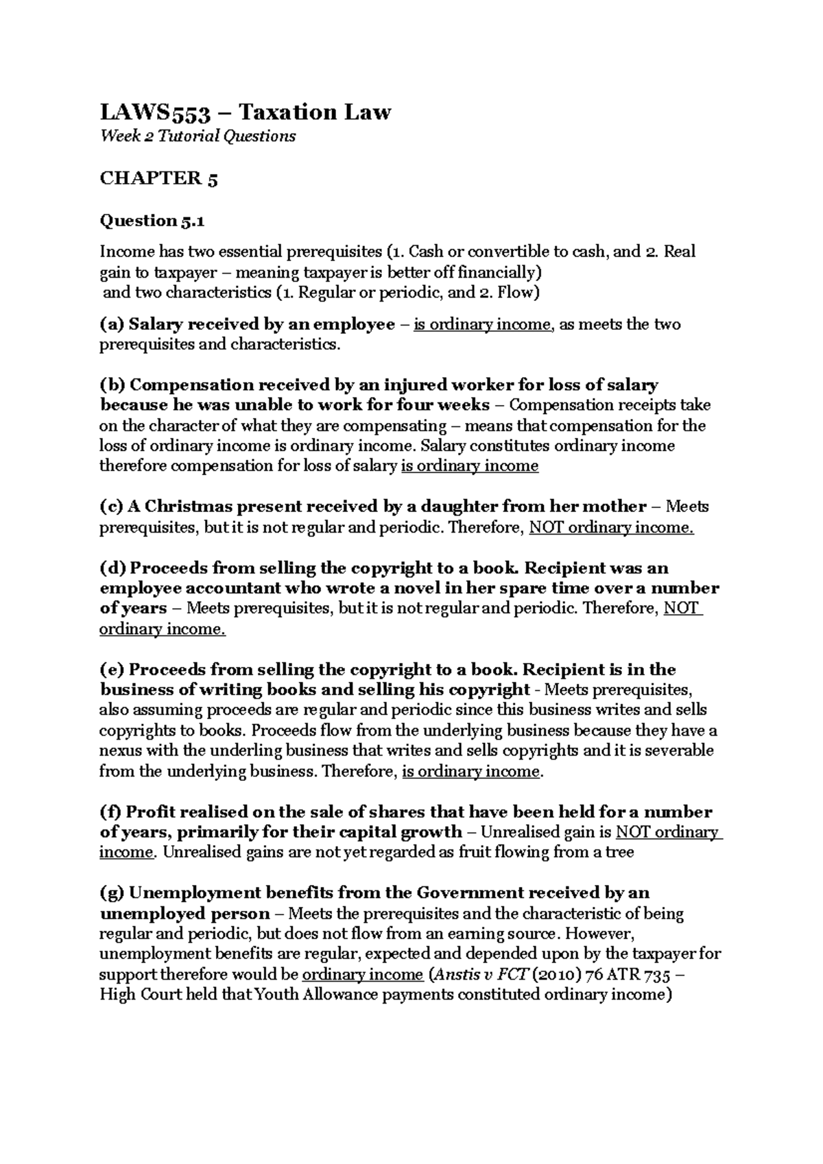 LAWS553 Tutorial Work W2 - LAWS553 – Taxation Law Week 2 Tutorial ...