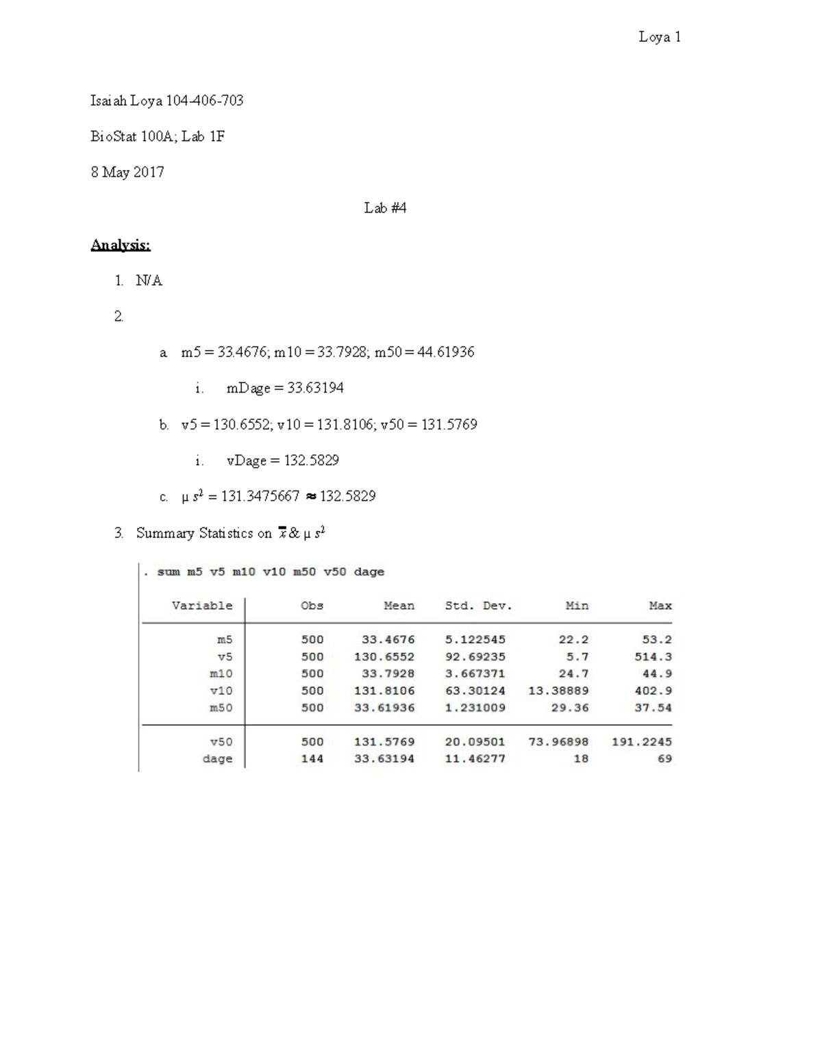 Bio Stat 100A - Lab #4 - Mandatory Assignment - 7/1/2018 Lab #4 - Google Docs Loya 1 - Studocu