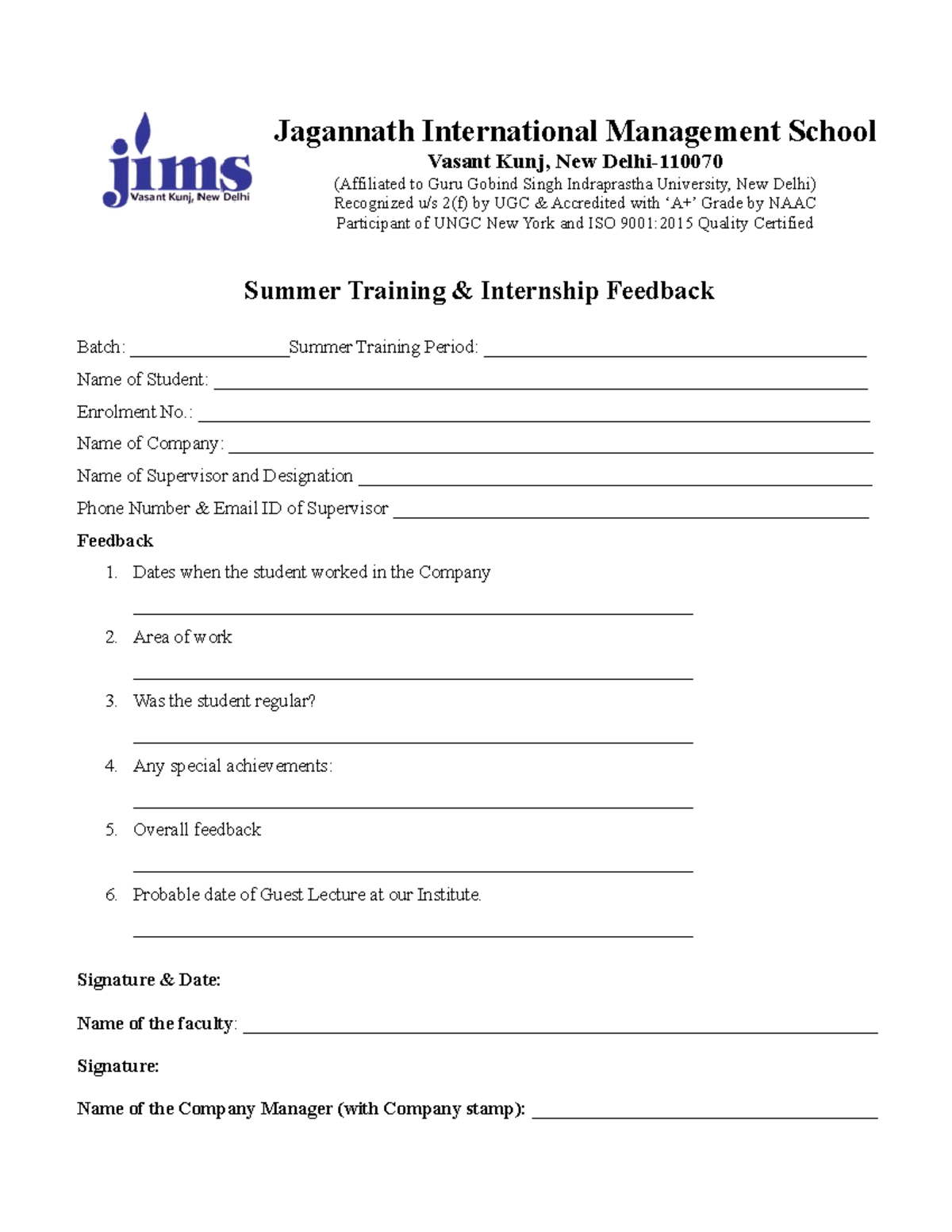 3 STR BBA 315 Internship Feedback Form - Jagannath International ...