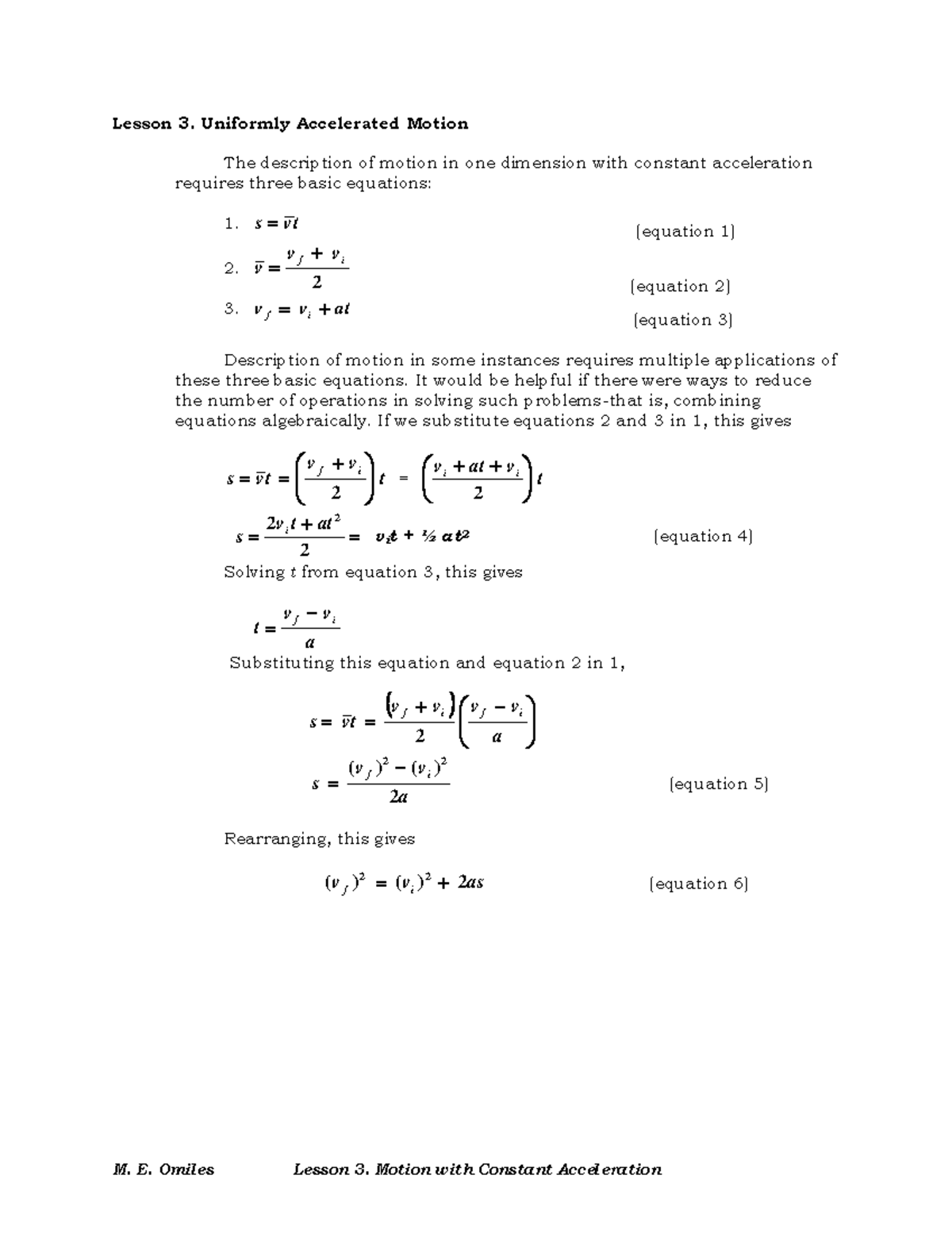 Lesson 3. Motion with constant acceleration - Lesson 3. Uniformly Accelerated Motion The ...