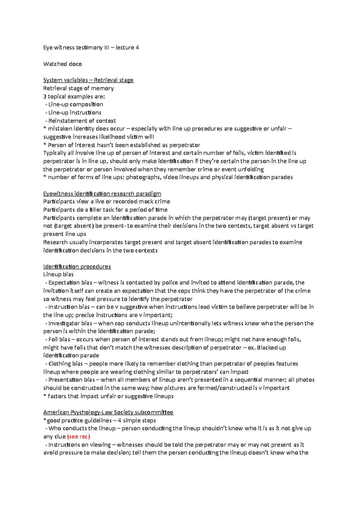 Lecture 4 - eyewitness testimony III - Eye witness testimony III ...