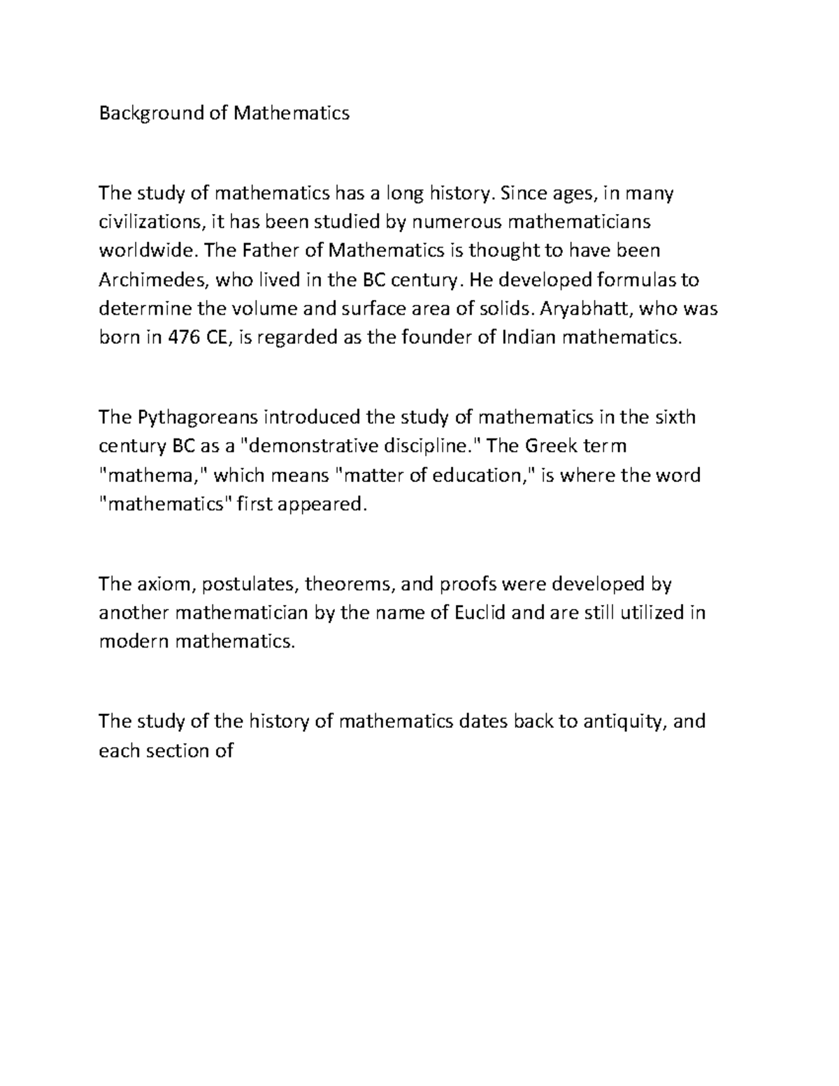 Mathematics 1 - Assignment - Background of Mathematics The study of ...