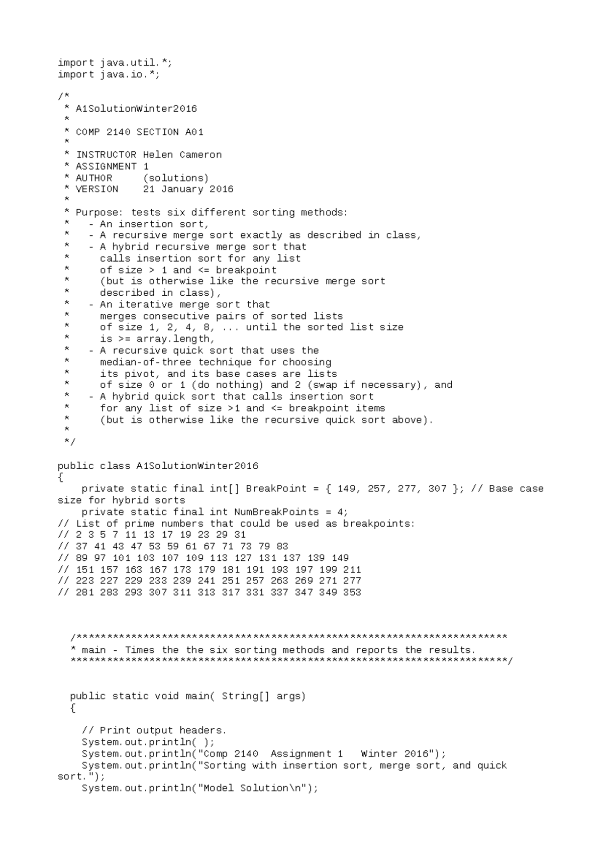 Txt - qfwf - import java.; import java.; /* A1SolutionWinter COMP 2140 SECTION A INSTRUCTOR ...