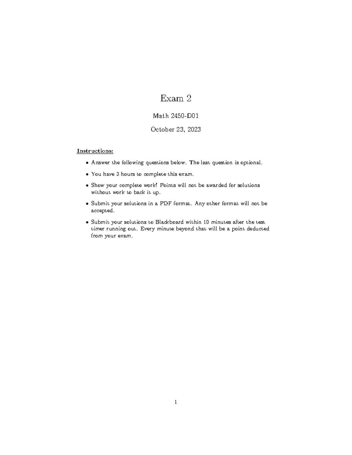 Calc III Exam 2 - Exam - Exam 2 Math 2450-D October 23, 2023 ...