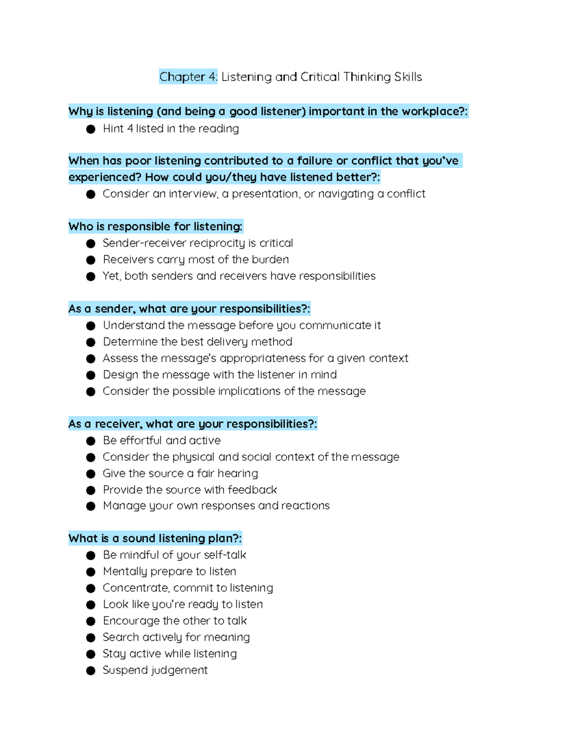 Chapter 4 Notes - Professor Madi Murphy - Chapter 4: Listening and ...
