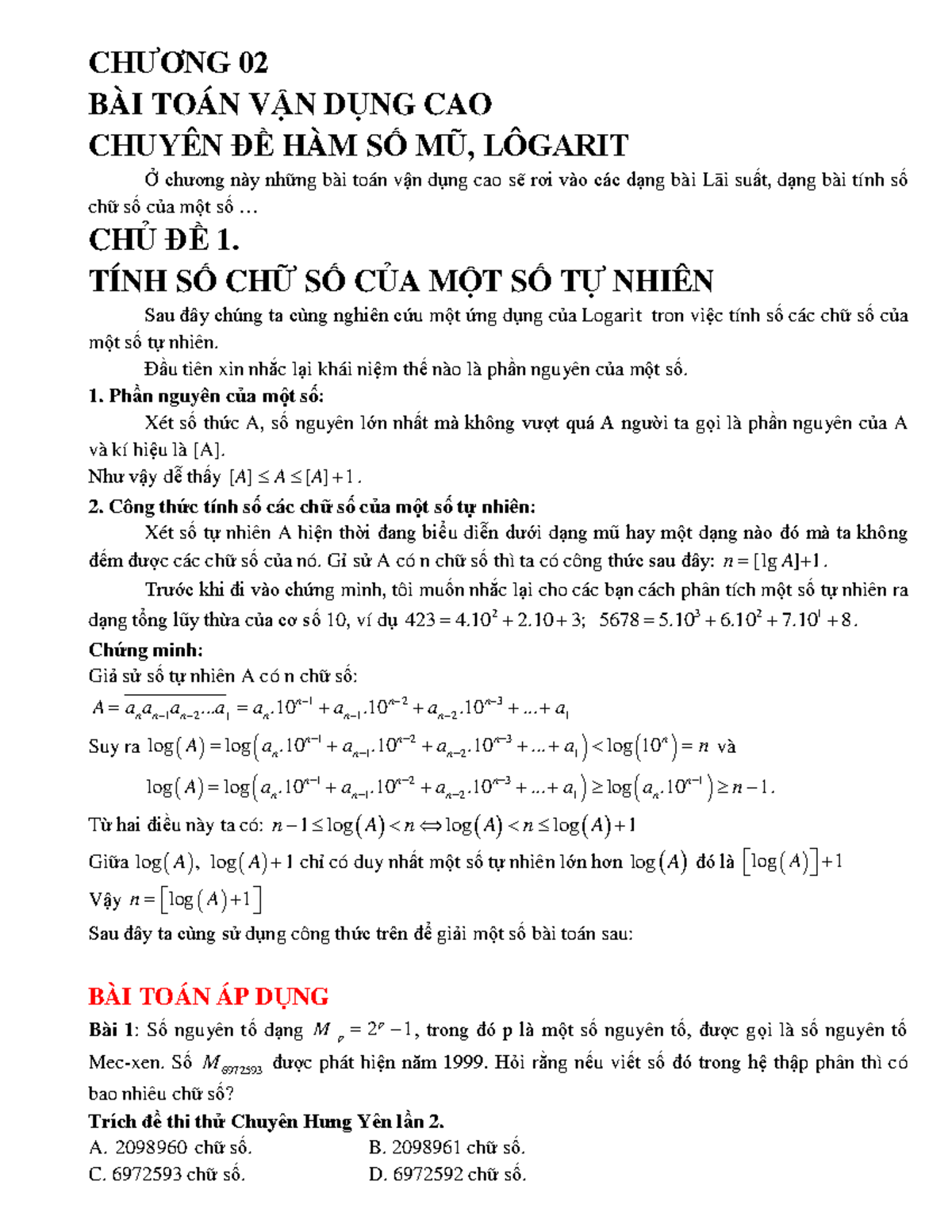 Toan kinh te ung dung - CH ̄¡NG 02 BÀI TOÁN VẬN DþNG CAO CHUYÊN ĐÞ HÀM SÞ MŨ, LÔGARIT à chư¢ng ...