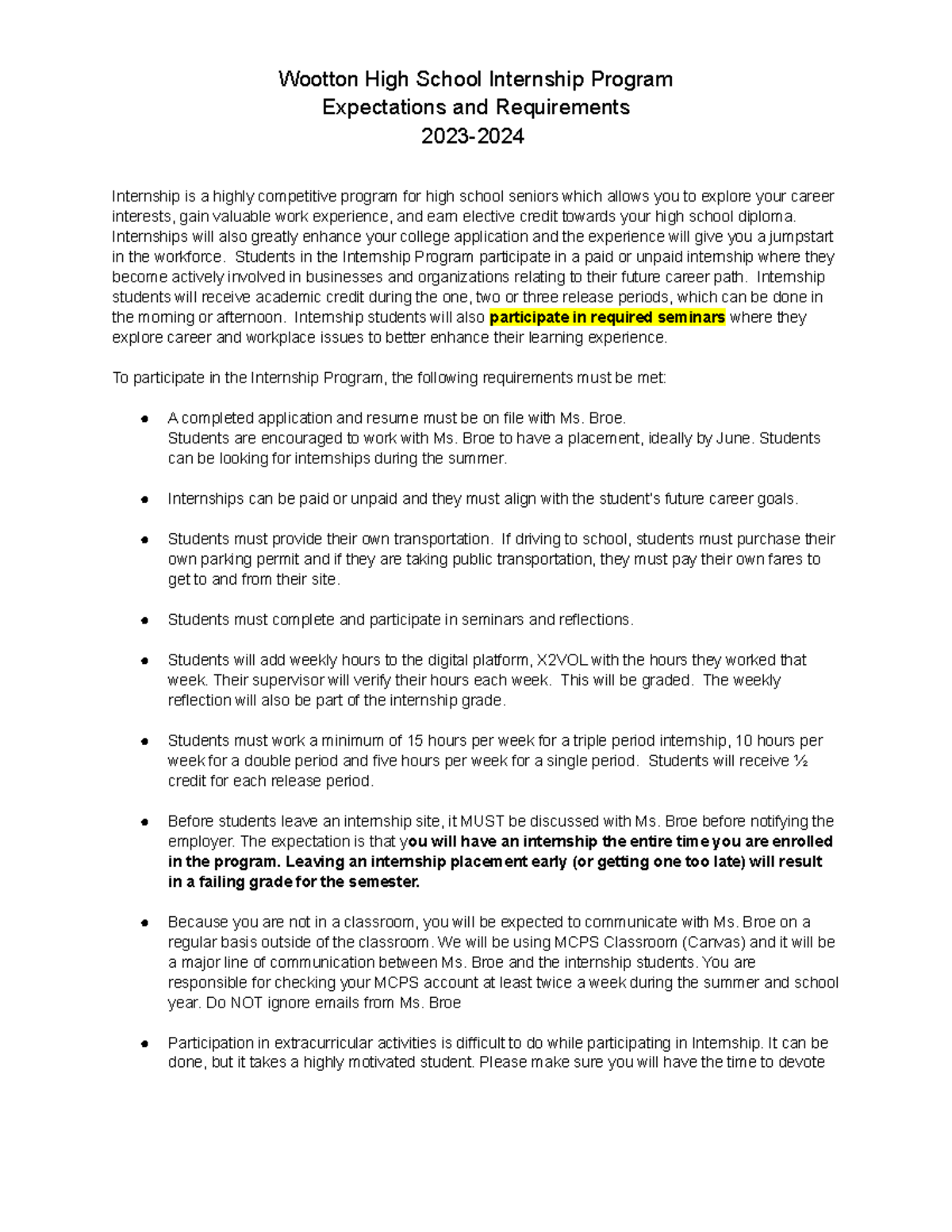 Internship Program Expectations and Requirements - Wootton High School ...