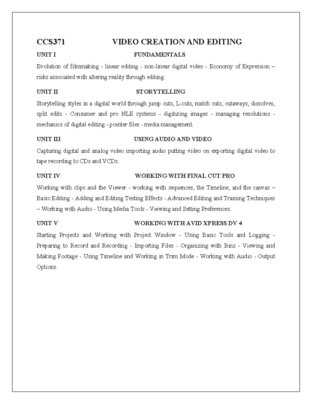 Short Notes of Video creation and Editing (I-V units) - CCS371 VIDEO ...