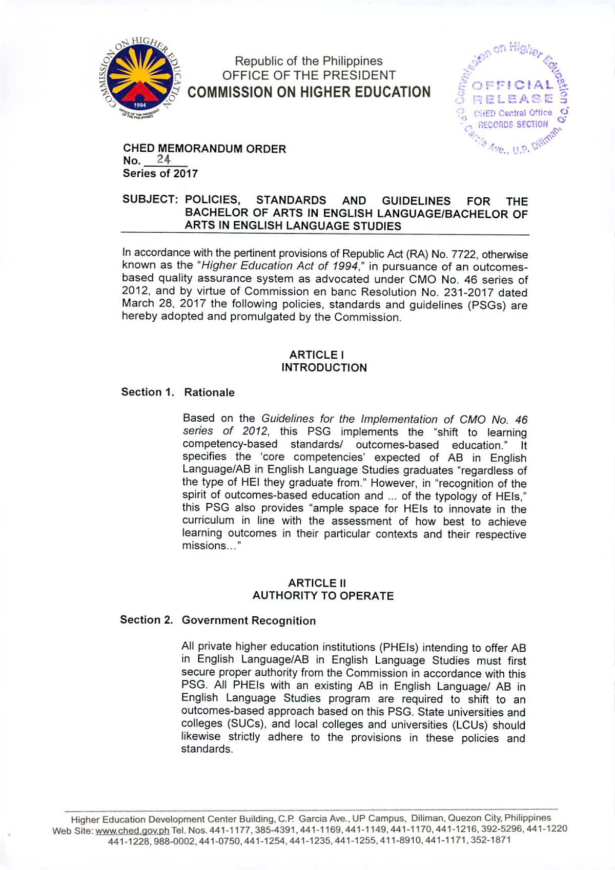 CMO 24 s 2017 - CHED CMO - Bachelor of Arts in English - Studocu