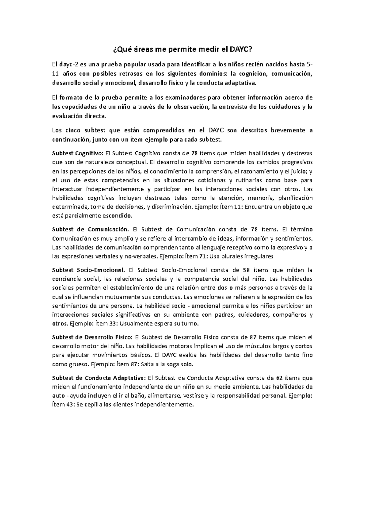 Qué áreas me permite medir el DAYC - PD - ¿Qué áreas me permite medir ...