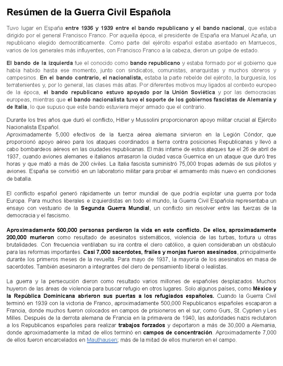 Resúmen DE LA Guerra Civil Española - Resúmen de la Guerra Civil ...