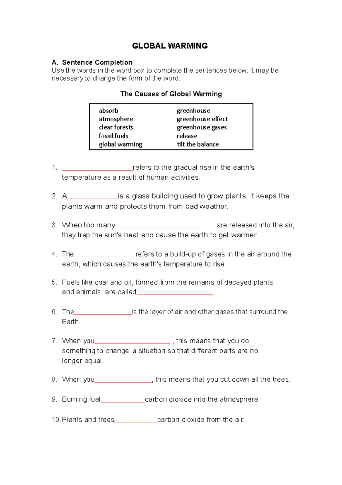 Global Warming - notes - absorb atmosphere clear forests fossil fuels ...