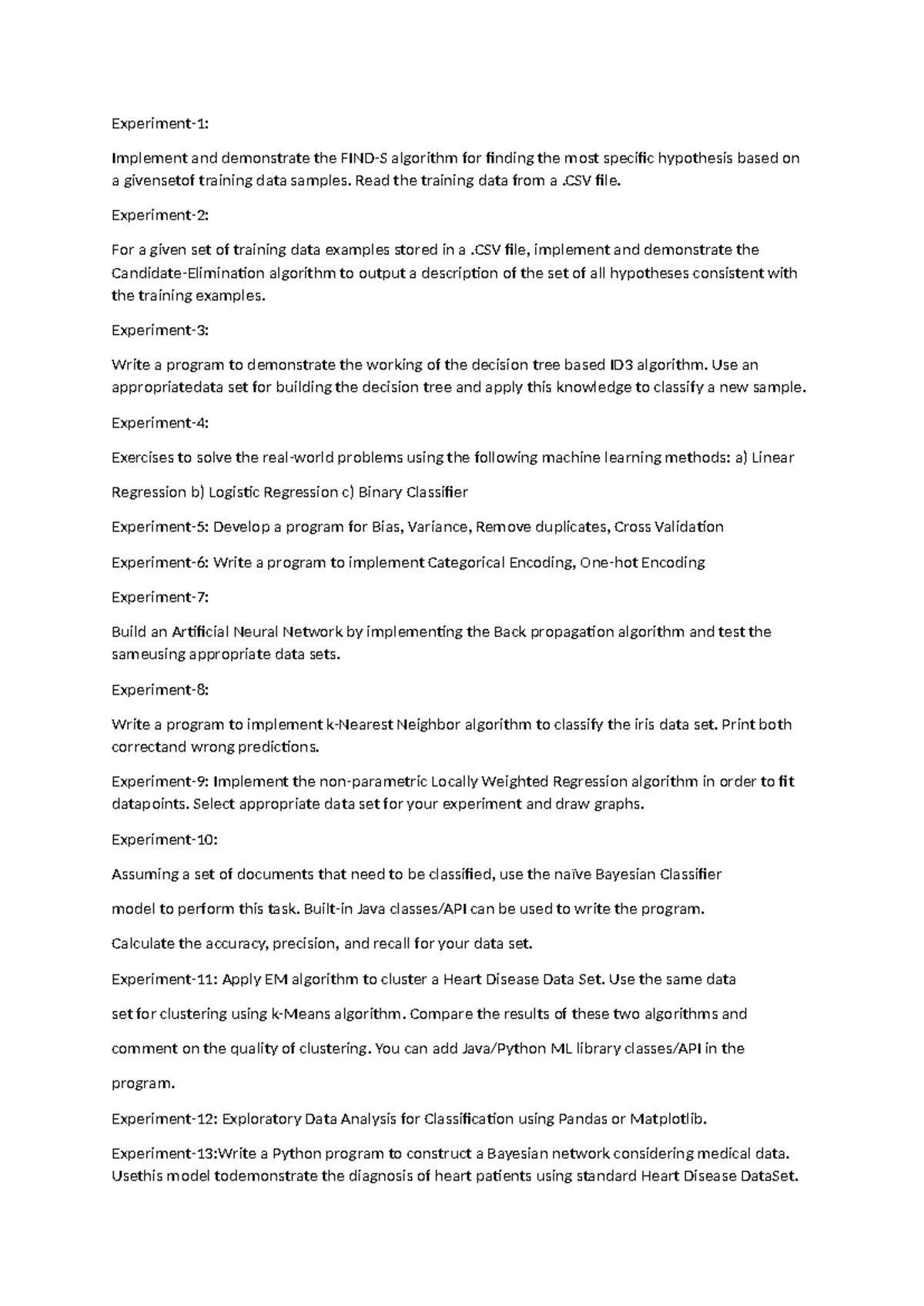Mllab Manual Materials Experiment 1 Implement And Demonstrate The Find S Algorithm For