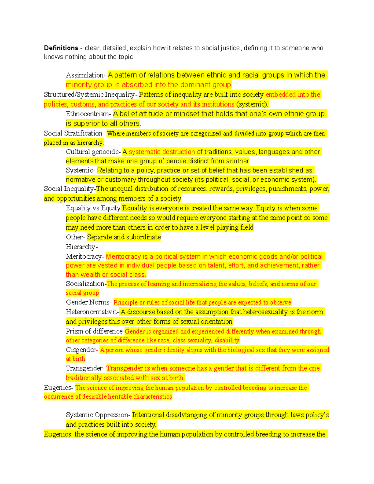 Midterm Study Guide - Social Justice - Definitions - clear, detailed ...