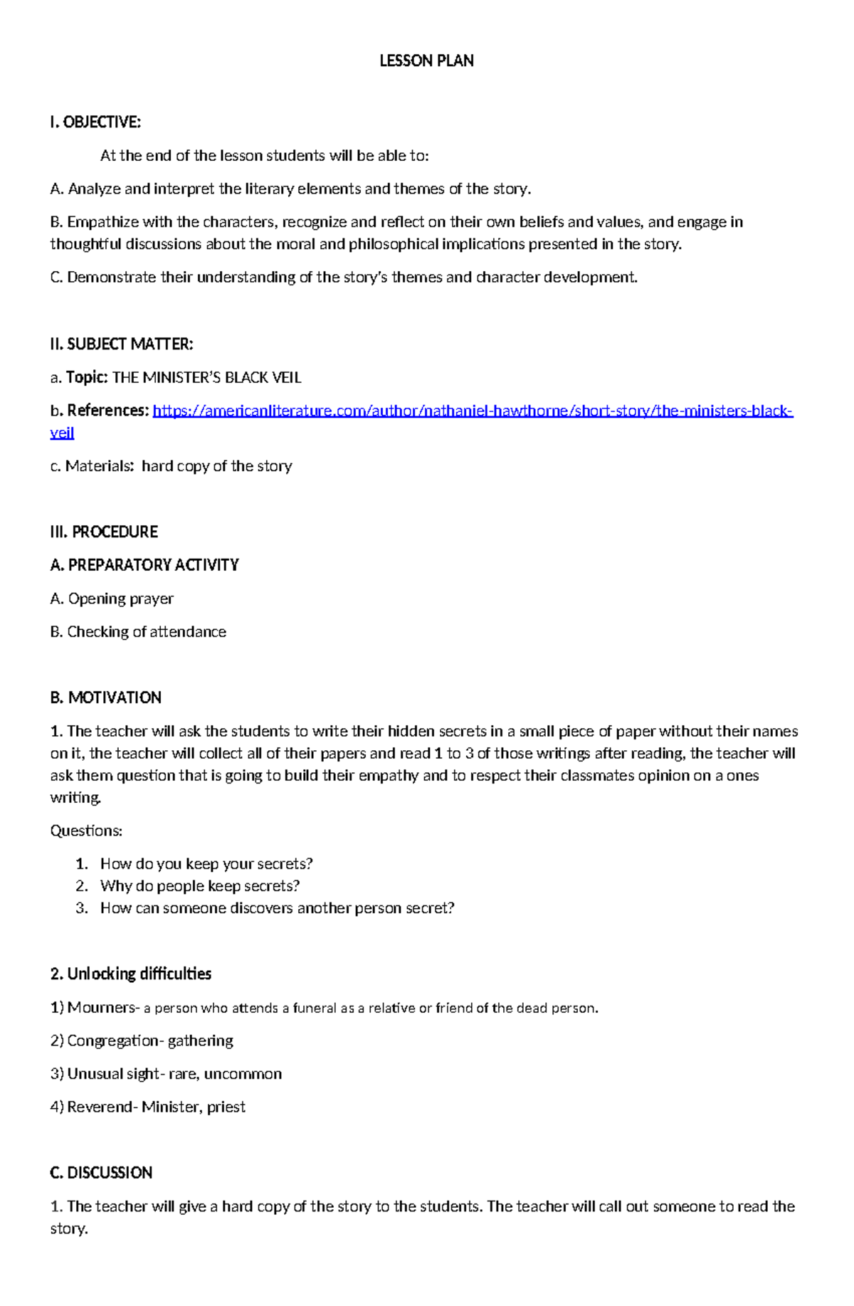 Lesson PLAN - LESSON PLAN I. OBJECTIVE: At the end of the lesson ...