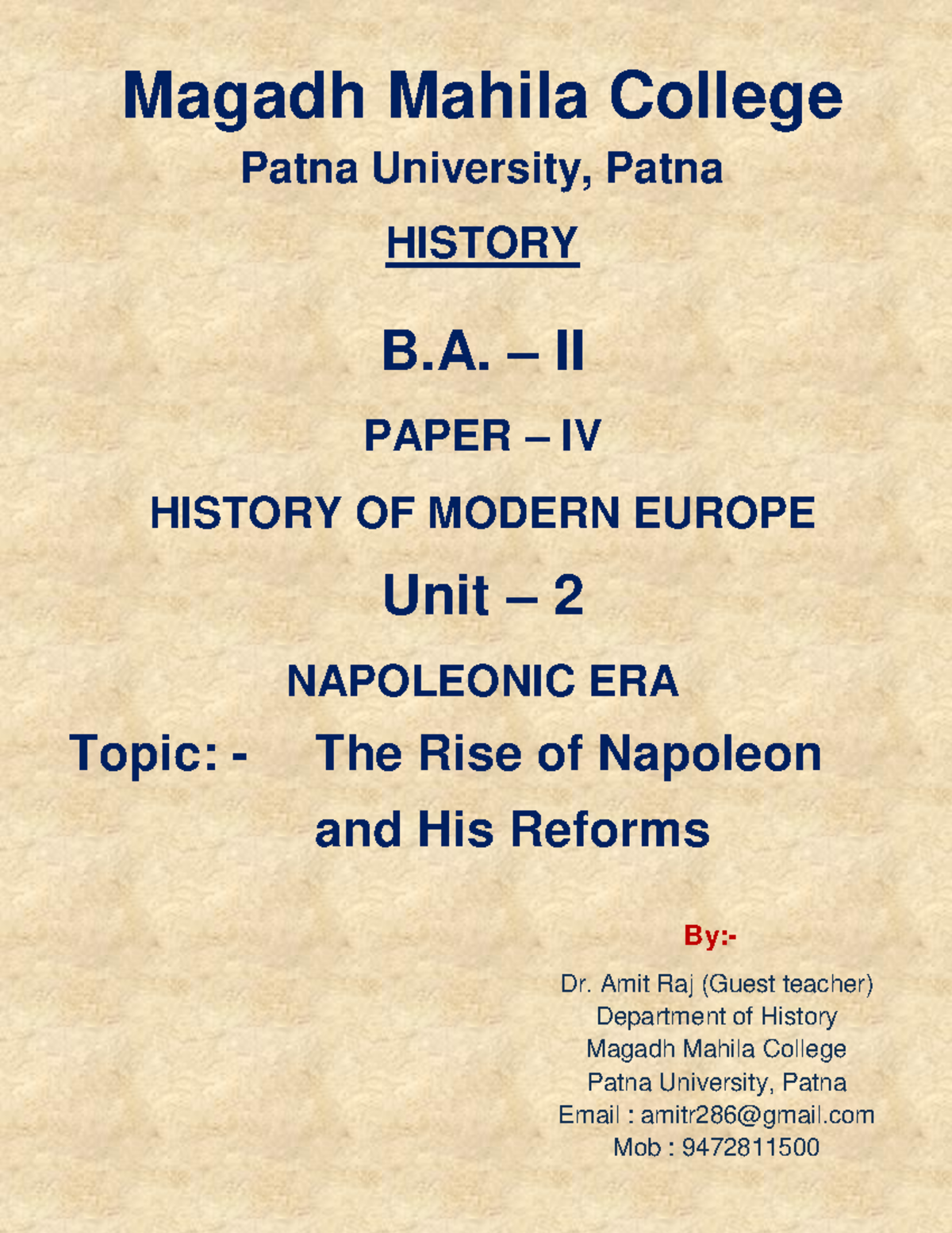 The Rise of Napoleon and his reforms - Magadh Mahila College Patna ...