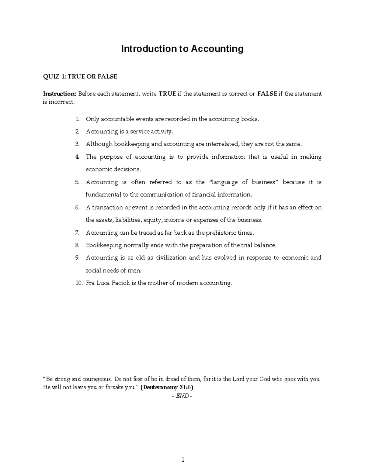 Ans-quiz-1 - Ans-quiz-1 - Introduction to Accounting QUIZ 1: TRUE OR ...