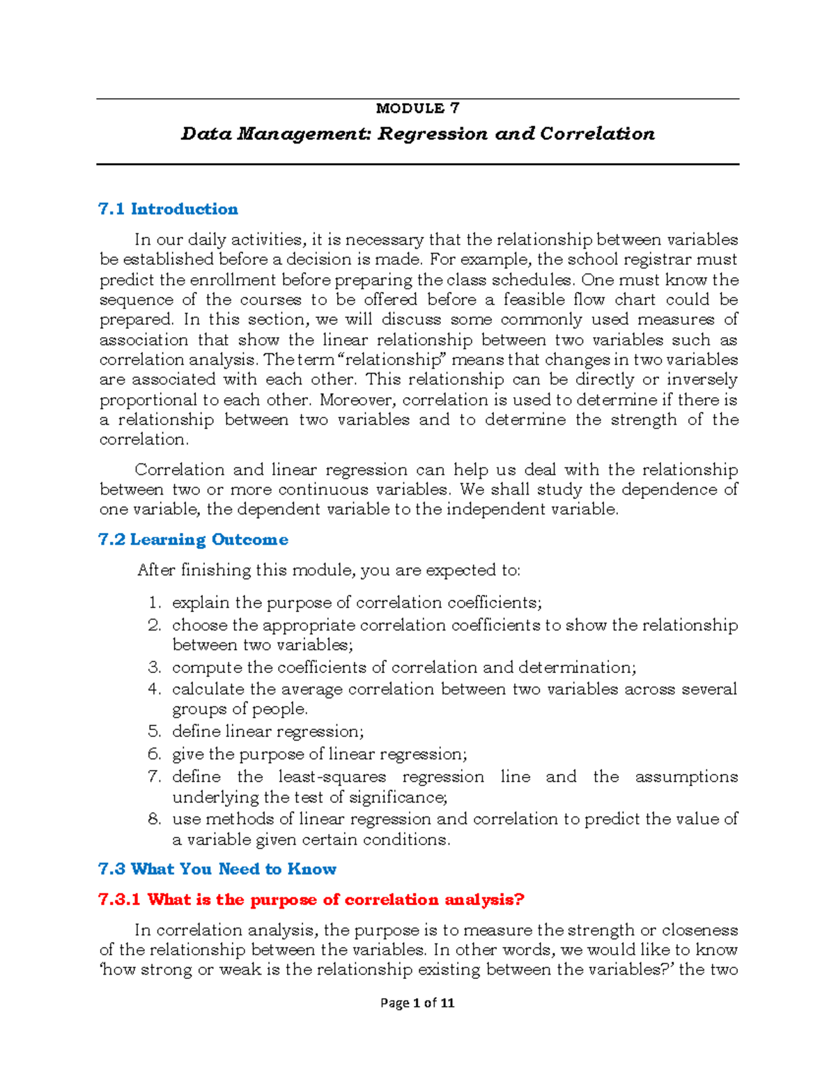 Module 7 Data Management Regression And Correlation Module 7 Data