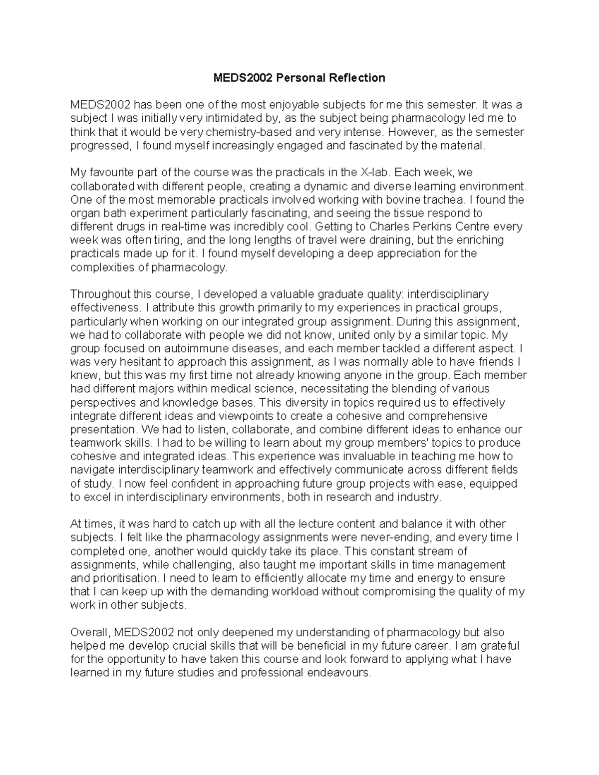 MEDS2002 Personal Reflection on Pharmacology Experience - MEDS2002 ...