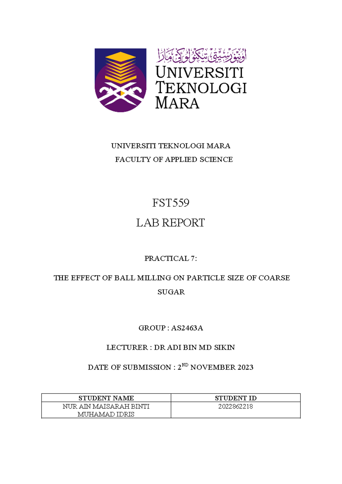 Fst7 - lab report - UNIVERSITI TEKNOLOGI MARA FACULTY OF APPLIED ...