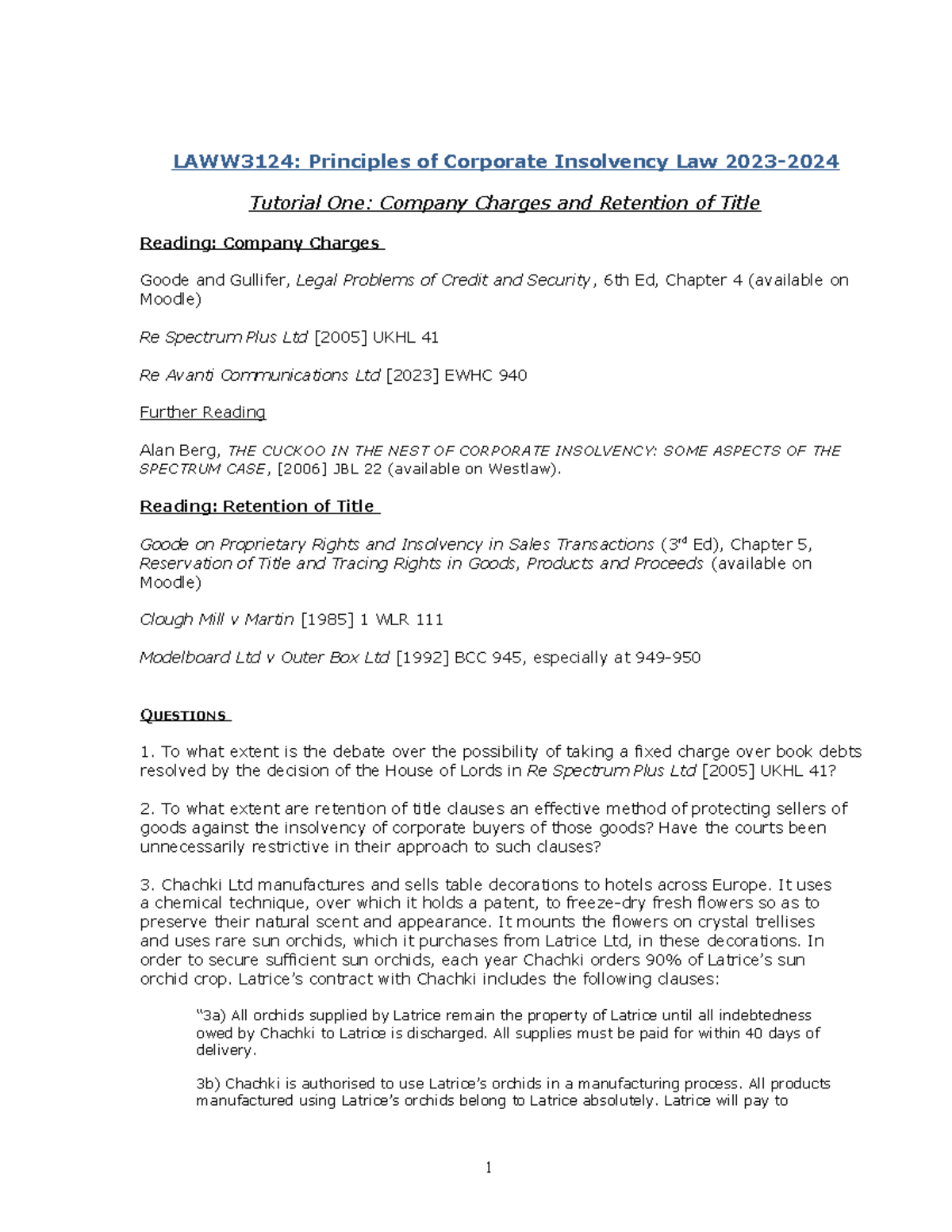 Tutorial 1 2023-2024 - LAWW3124: Principles of Corporate Insolvency Law ...
