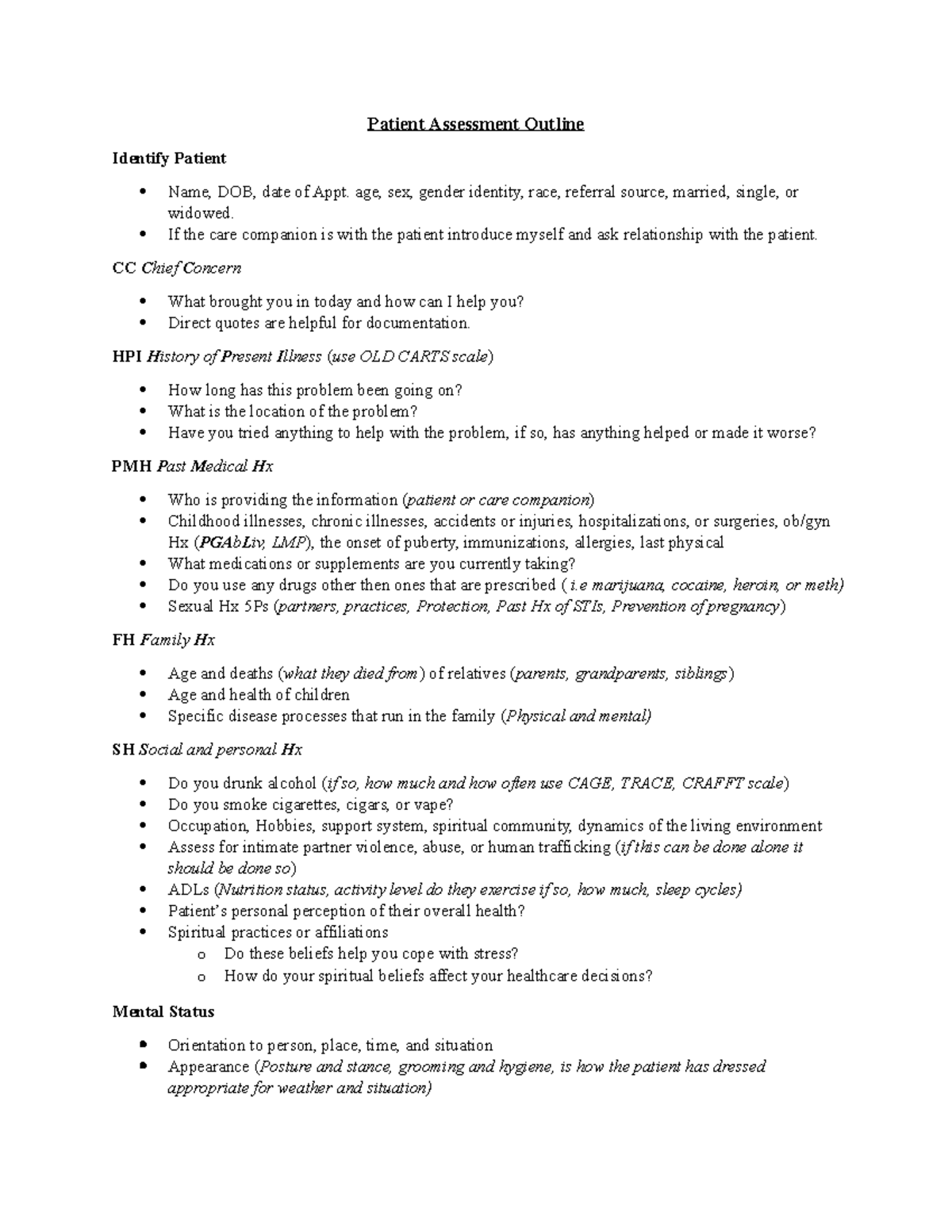 Patient Assessment Outline - Patient Assessment Outline Identify ...