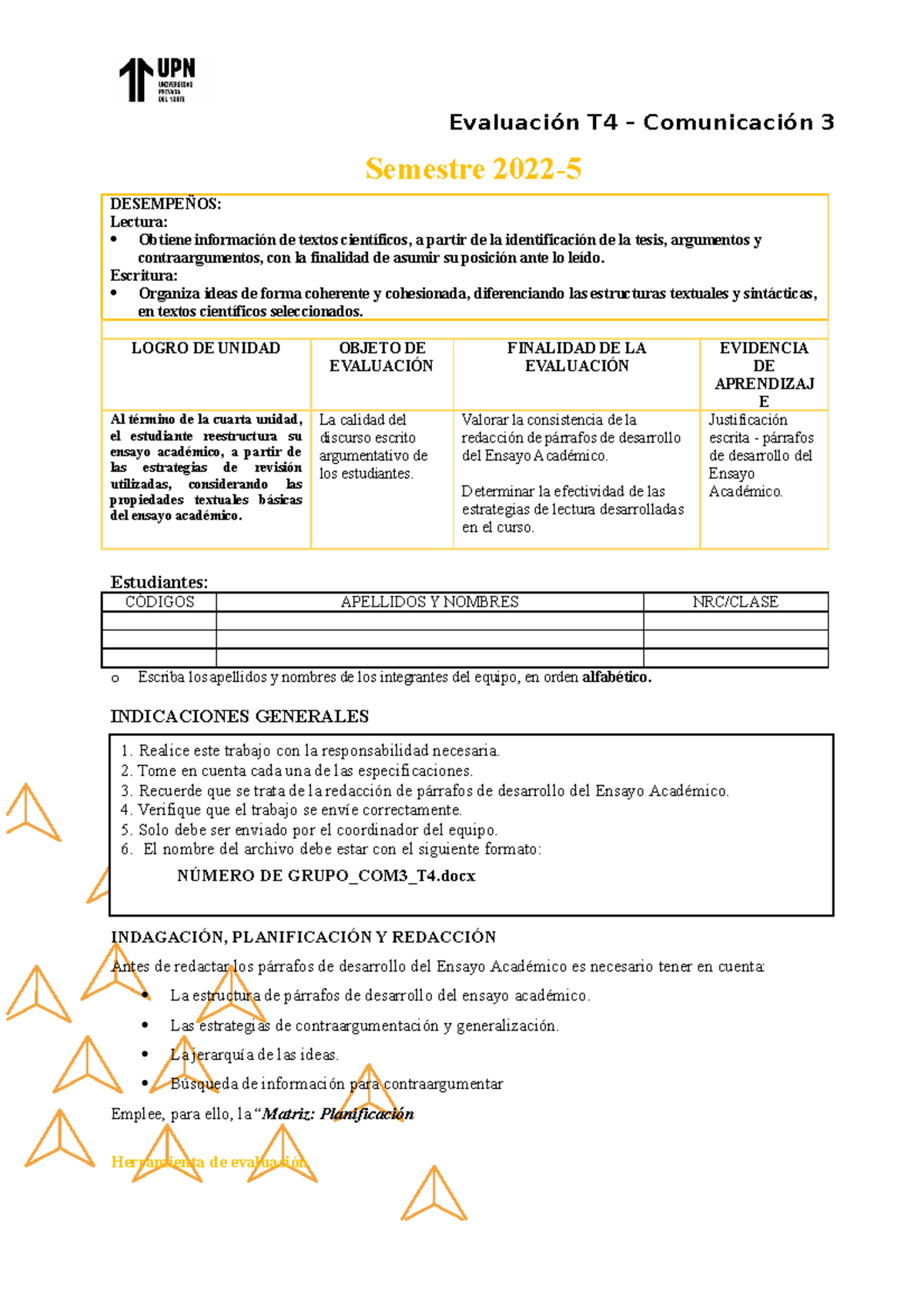 T4 Comunicación 3-2022-5 - Evaluación T4 – Comunicación 3 Semestre 2022- DESEMPEÑOS: Lectura ...