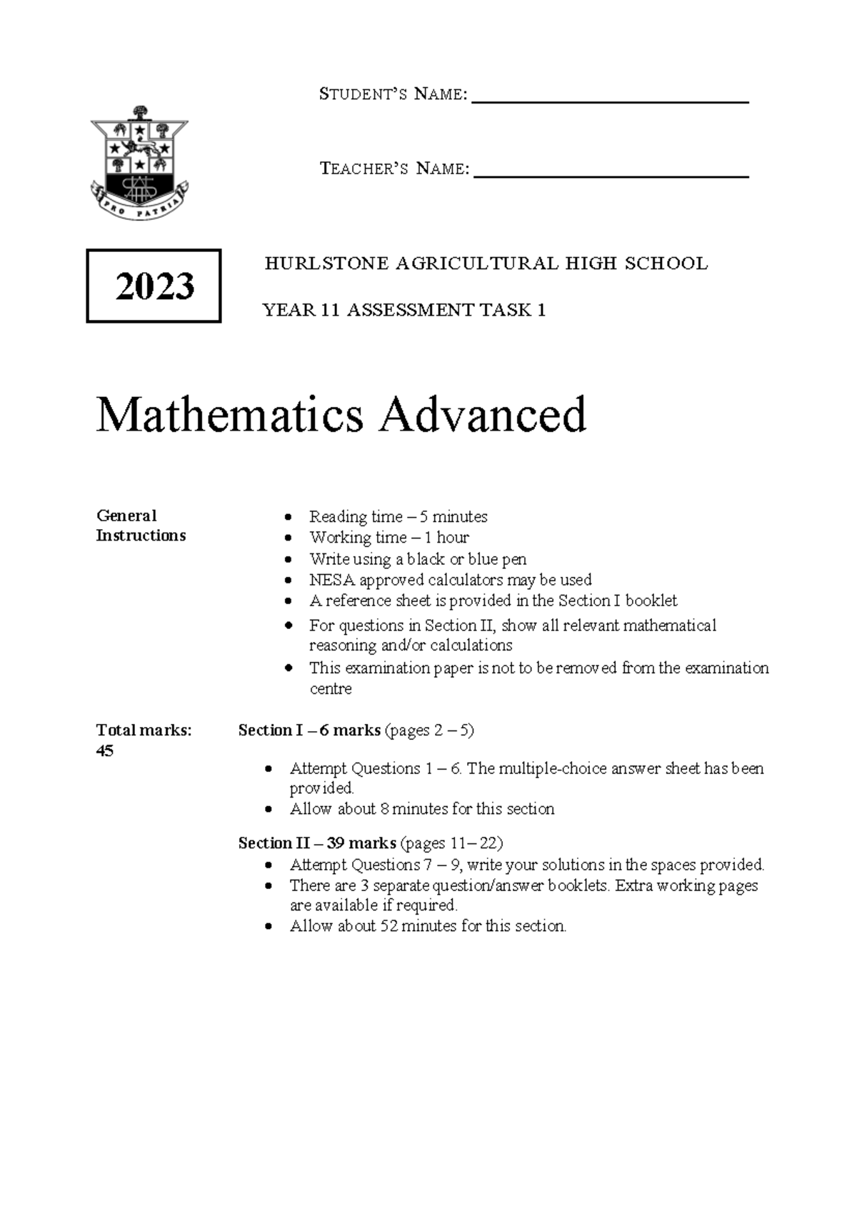 2023 Yr 11 Advanced Task 1 - STUDENT’ S N AME: T EACHER ’ S N AME: 2023 ...