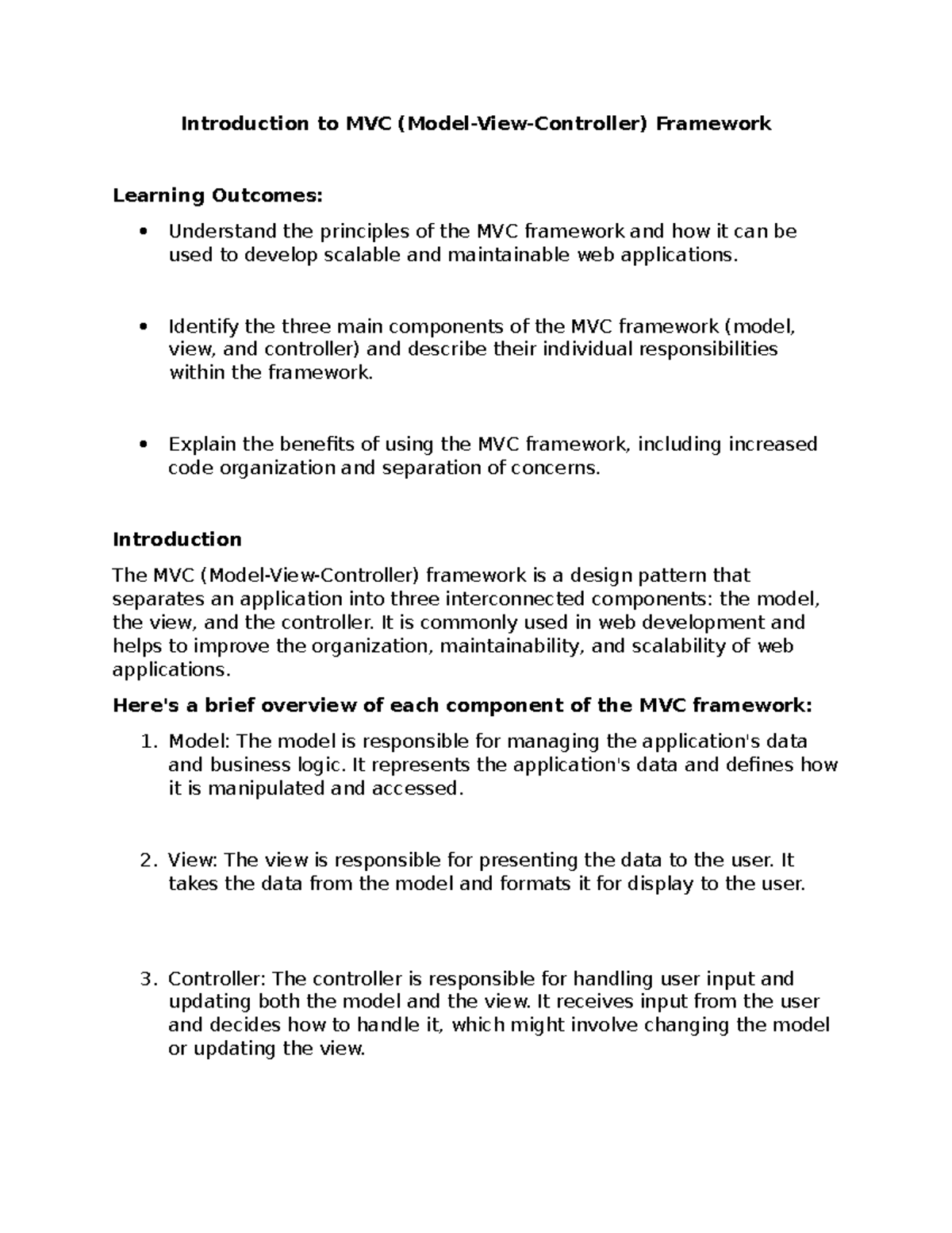 Introduction To Mvc Model View Controller Framework Identify The Three Main Components Of