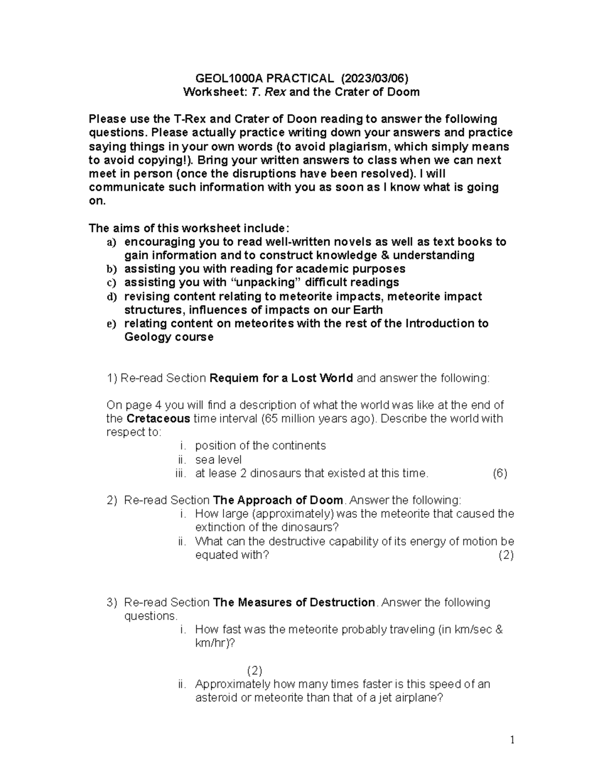 2023 GEOL1000A Intro to Geol Prac T. Rex Exercise - GEOL1000A PRACTICAL ...