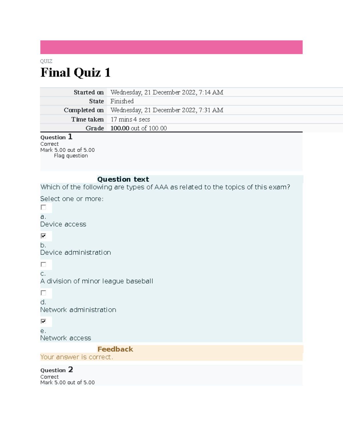 Network security pre final quiz1 - QUIZ Final Quiz 1 Started on Wednesday, 21 December 2022, 7: ...