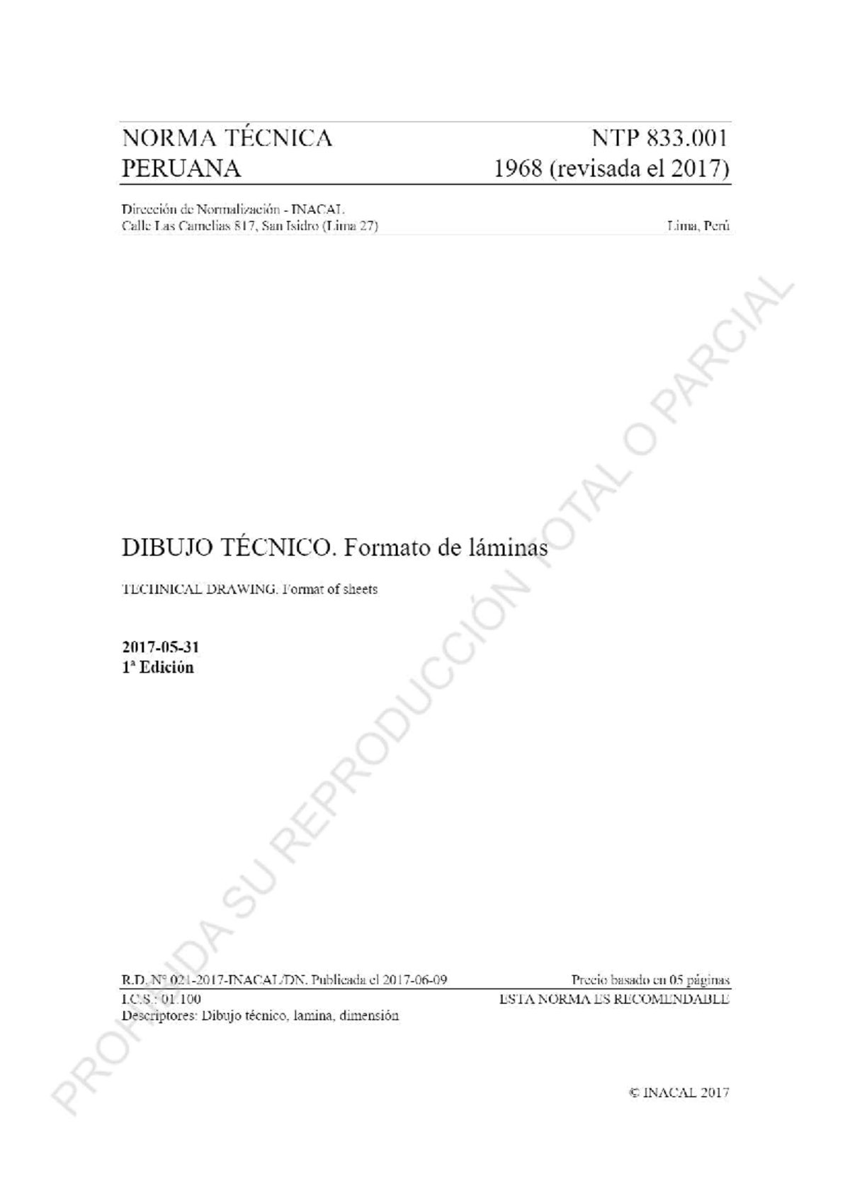 NORMA TÉCNICA PERUANA (NTP)833.001 - NORMA TÉCNICA NTP 833 PERUANA 1968 (revisada el 2017 ...