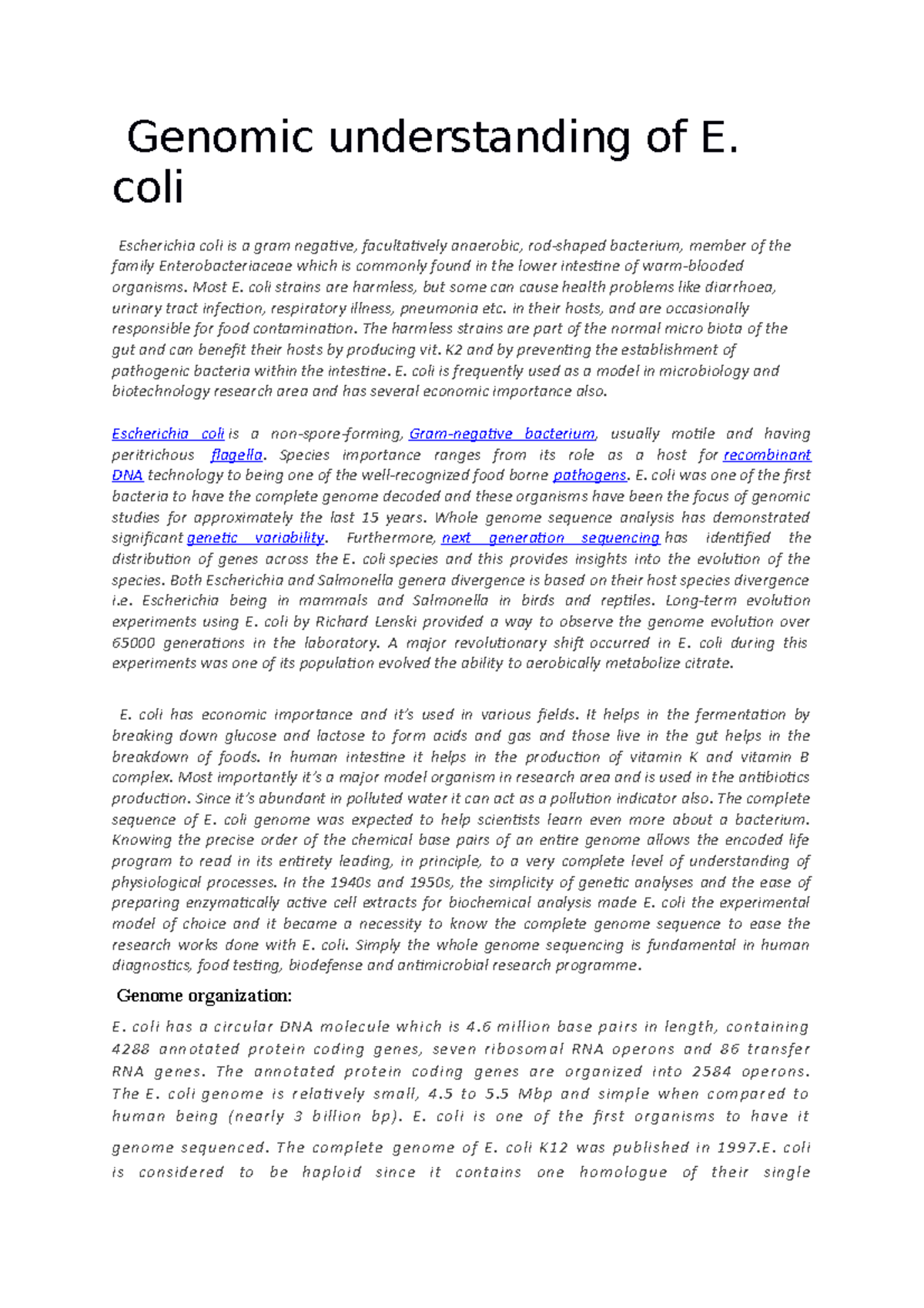 E. Coli Genome - Short Notes - Genomic understanding of E. coli ...
