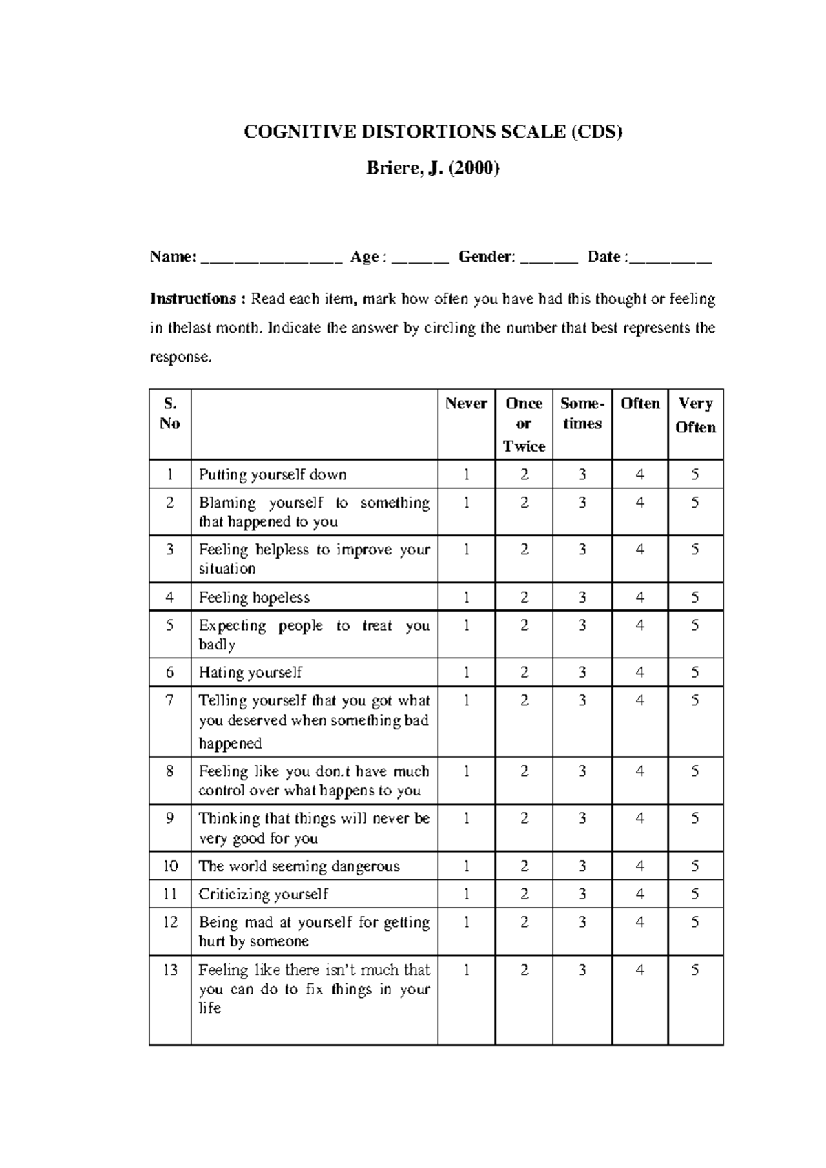 Cognitive distortions scale - COGNITIVE DISTORTIONS SCALE (CDS) Briere ...