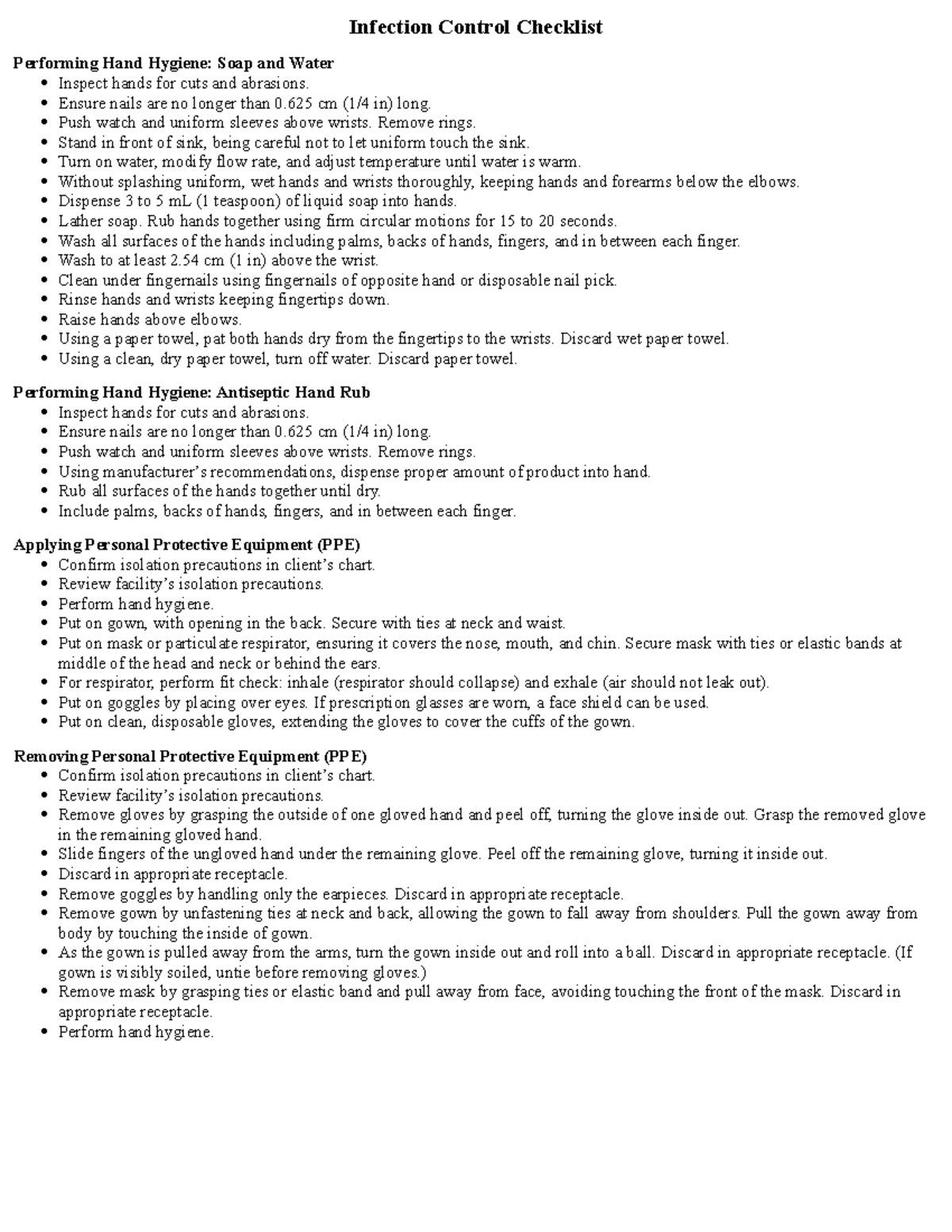 Infection Control Checklist - Infection Control Checklist Performing ...
