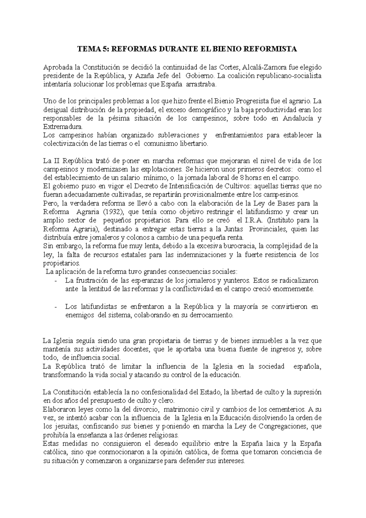 Tema 5 Siglo XX - .... - TEMA 5: REFORMAS DURANTE EL BIENIO REFORMISTA ...