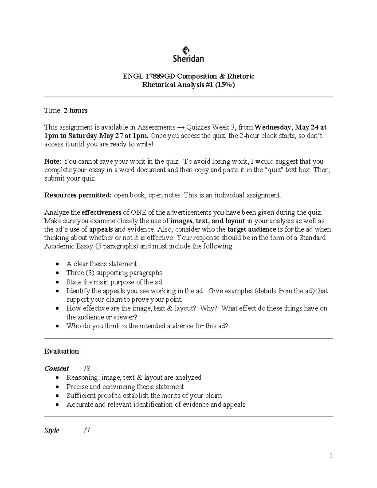 Rhetorical Analysis 1 Guidelines - 1 ENGL 17889GD Composition ...