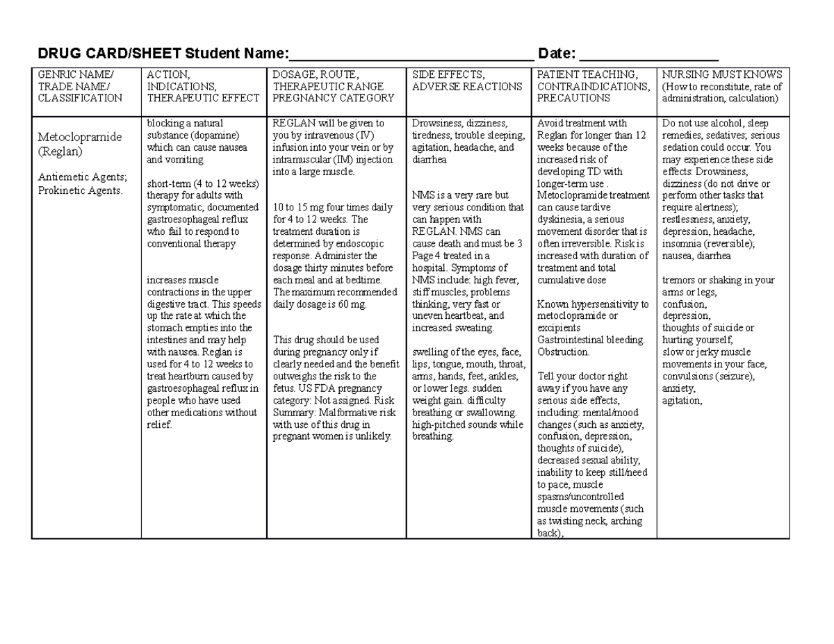 Reglan - drug cards - DRUG CARD/SHEET Student Name ...