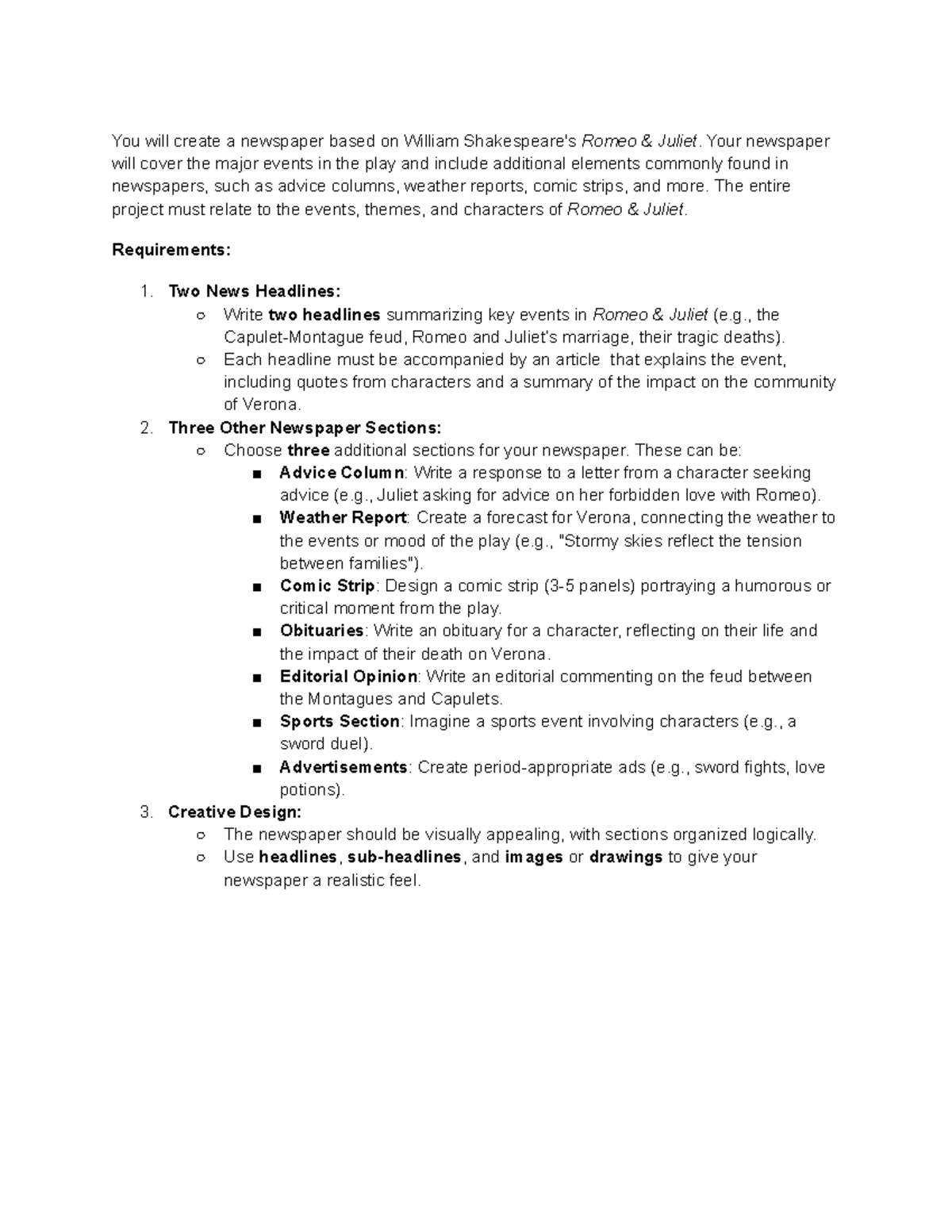 News Paper Rubric - work - You will create a newspaper based on William ...