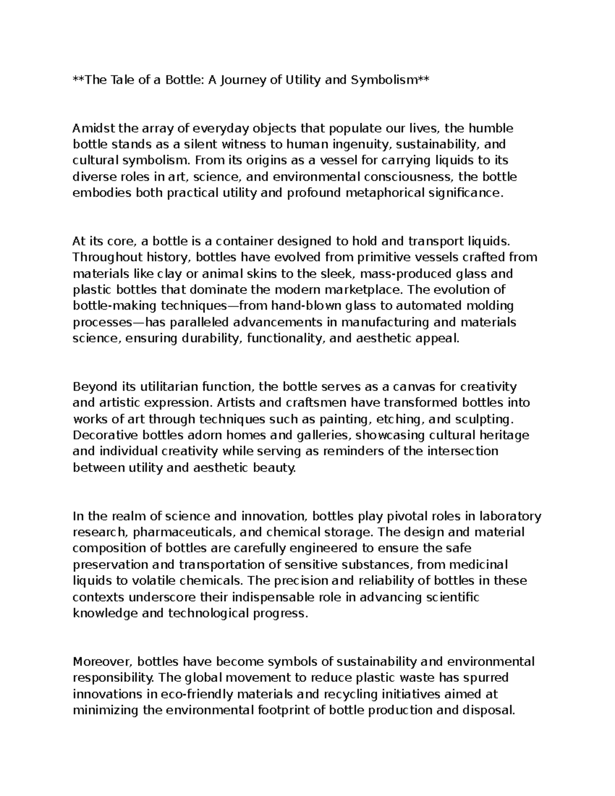 The Tale of a Bottle - English essay - The Tale of a Bottle: A Journey ...