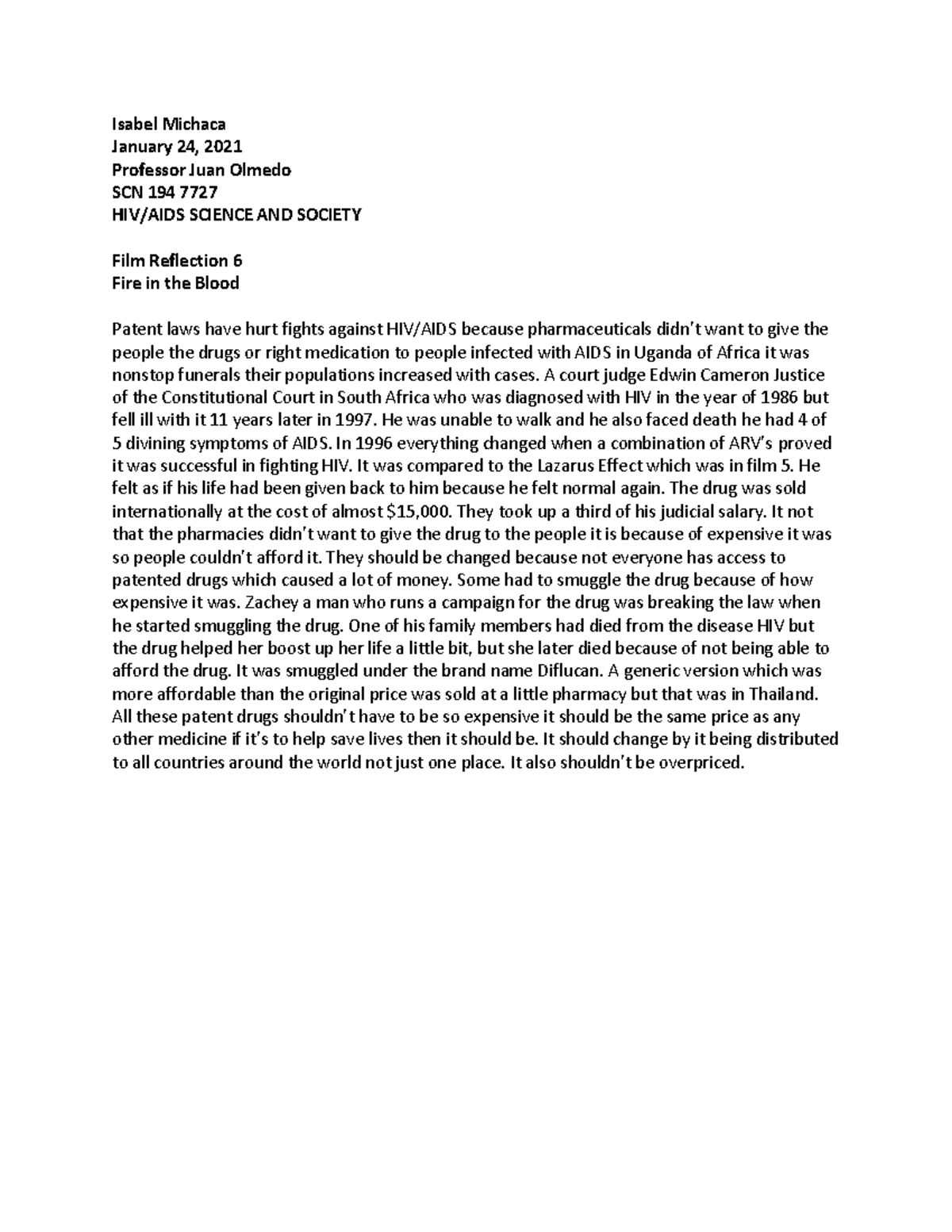 Film Reflection 6 - N/A - Isabel Michaca January 24, 2021 Professor ...