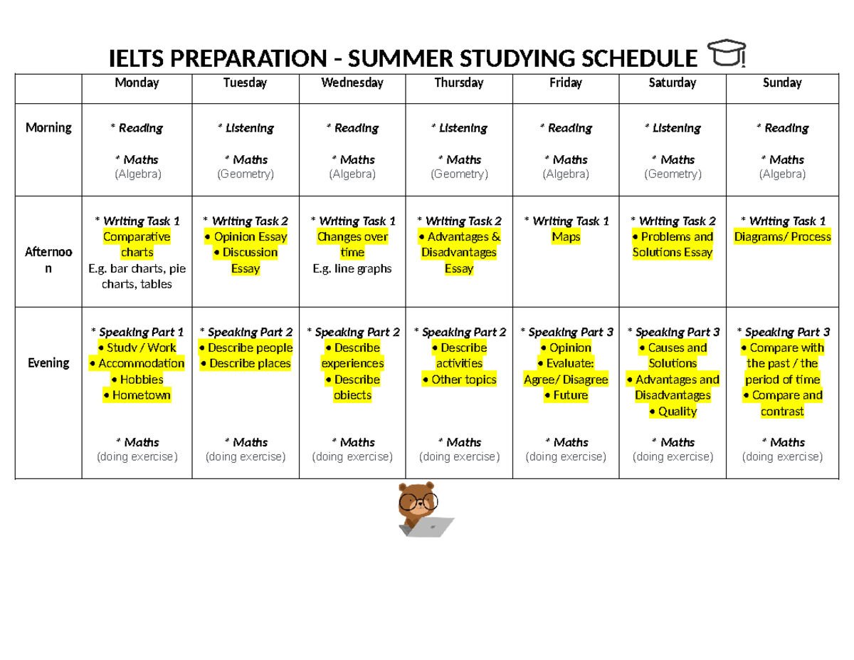 Schedule : Ielts - anh - IELTS PREPARATION - SUMMER STUDYING SCHEDULE ...