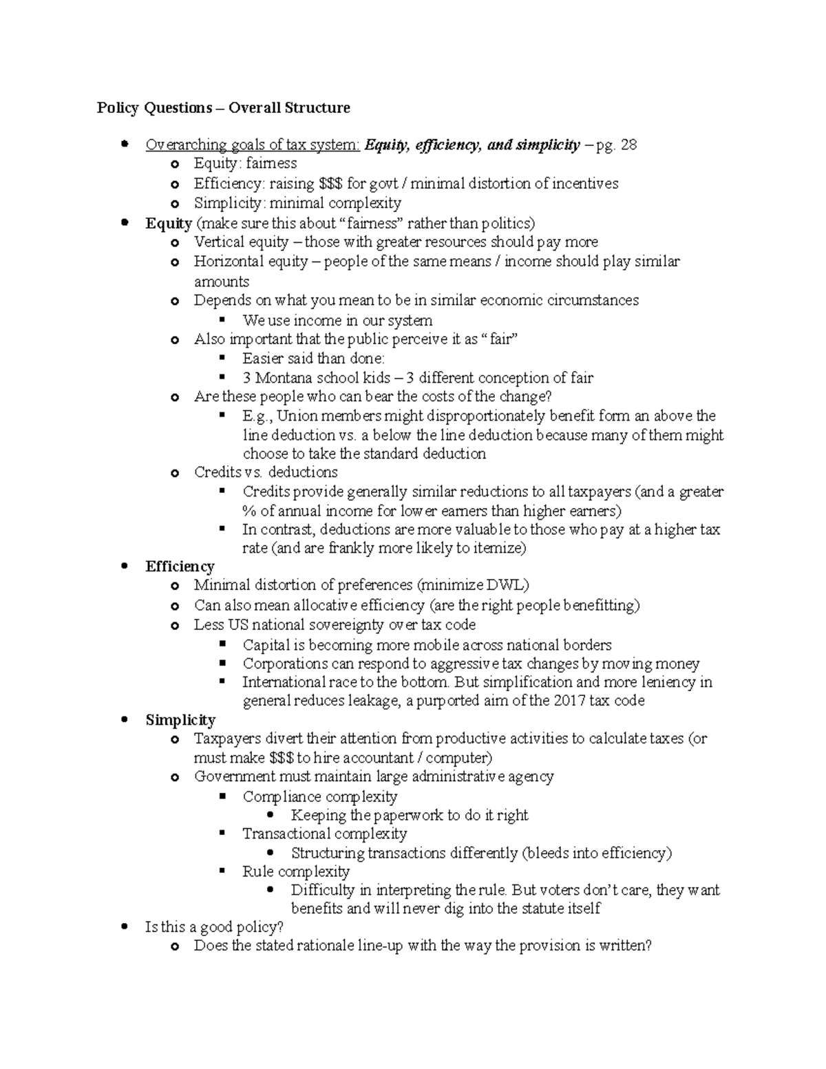 HLS Tax Outline-Policy Question - Policy Questions – Overall Structure ...
