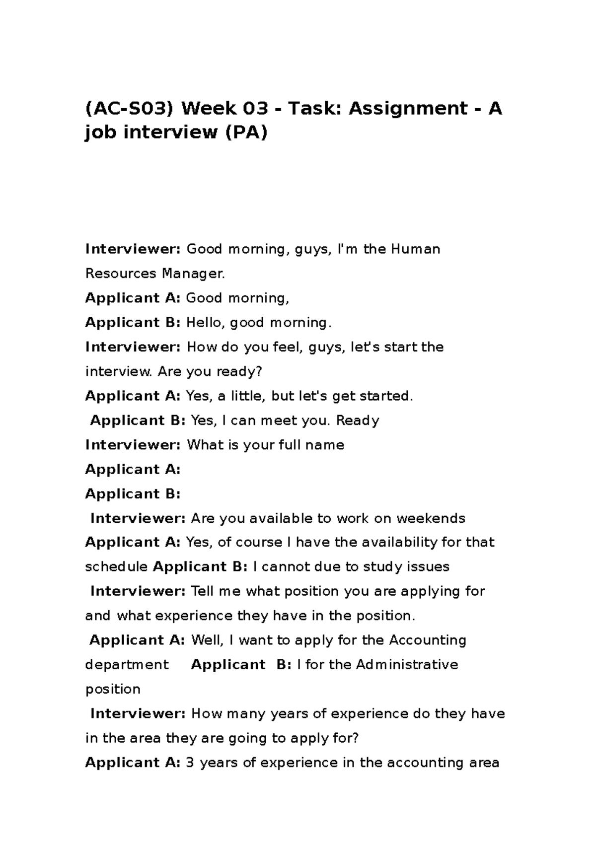 Tarea Ingles Semana 3 - (AC-S03) Week 03 - Task: Assignment - A job interview (PA) Interviewer ...
