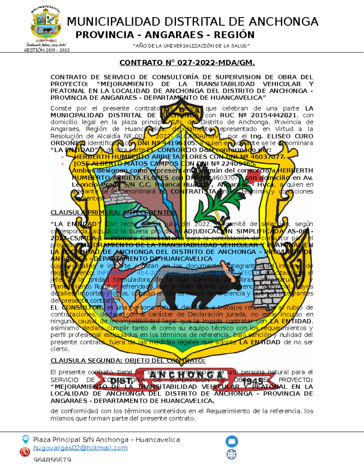 Contrato DE Supervision Transitabilidad Vehicular Anchonga - CONTRATO N ...