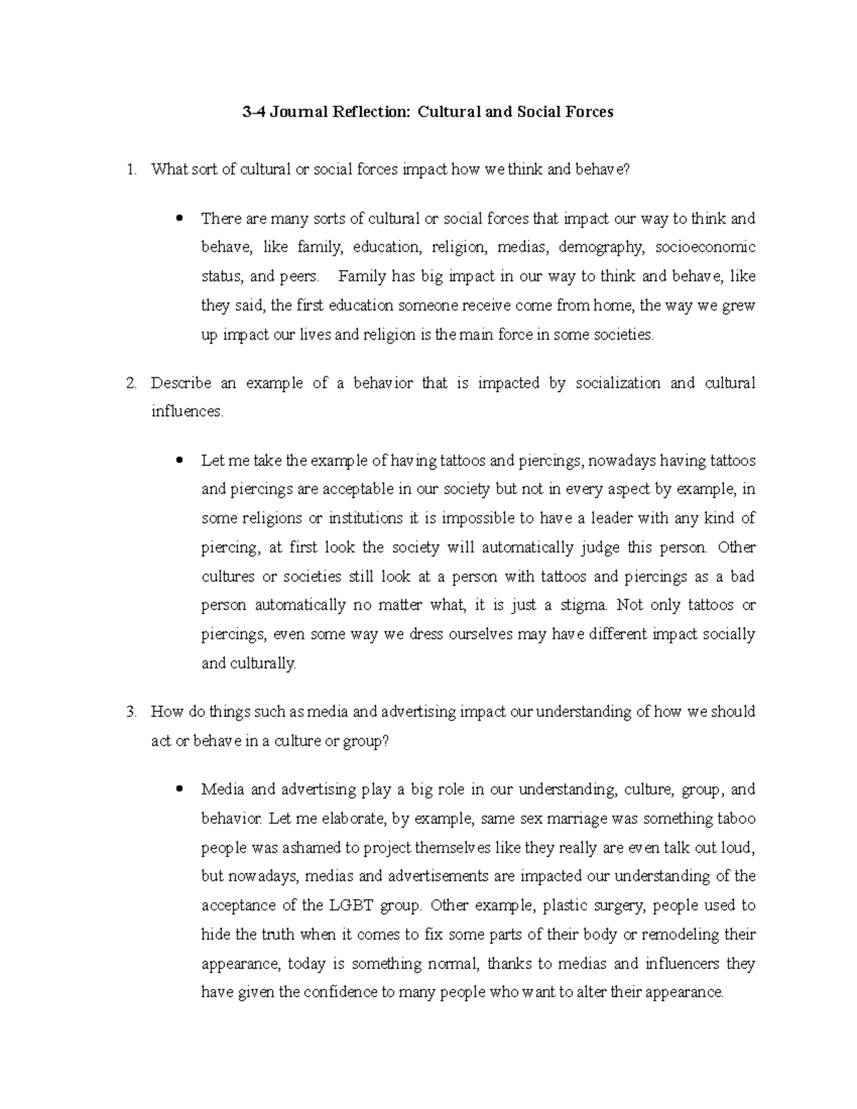 Cultural and social forces - 3-4 Journal Reflection: Cultural and ...