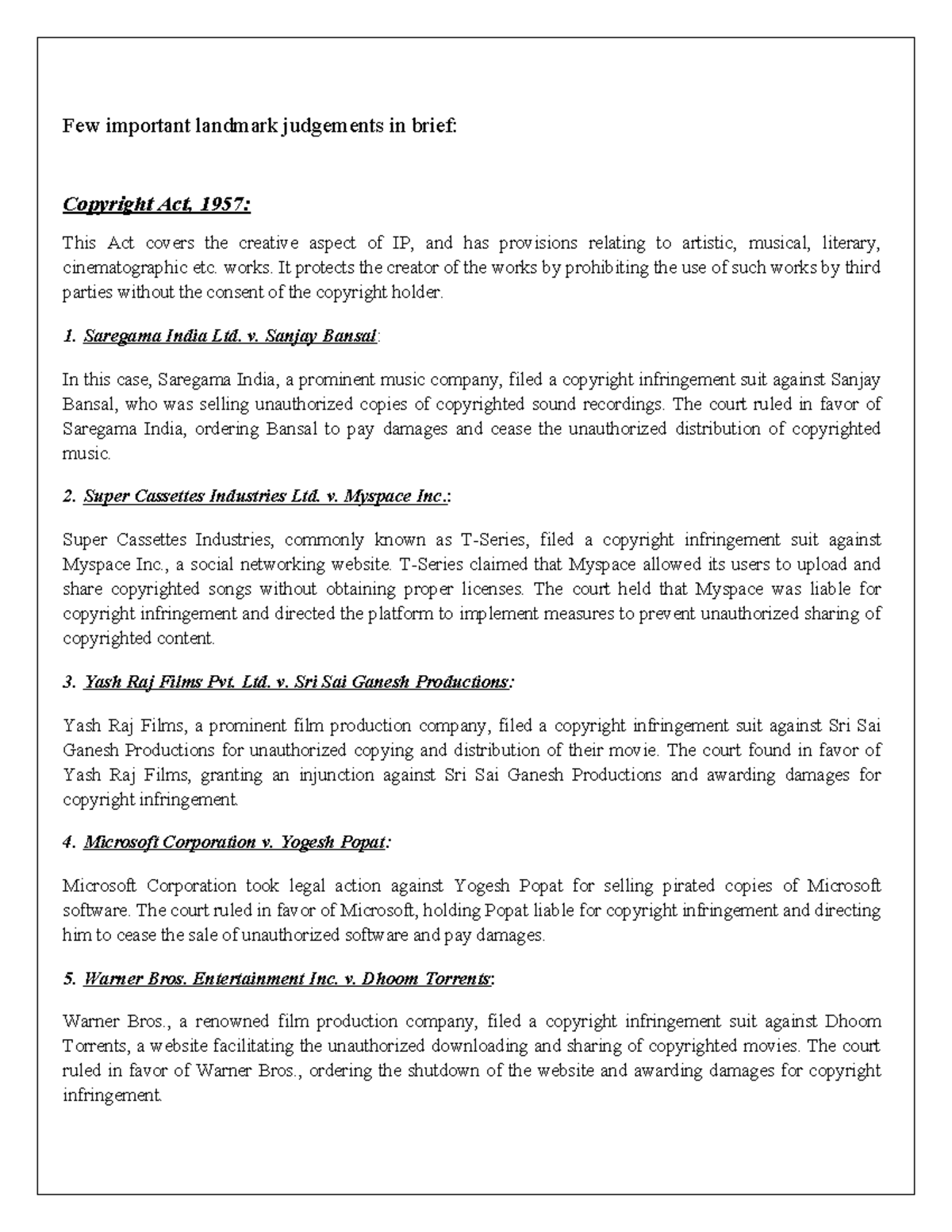 Important IPR cases in brief - Few important landmark judgements in ...