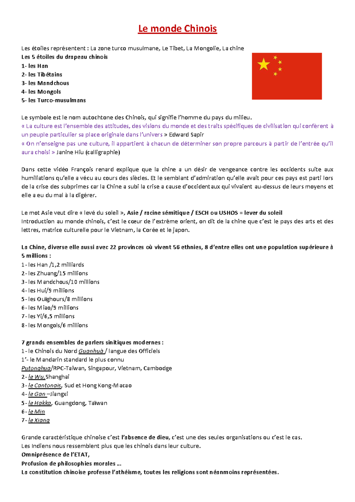 CCI Partie 1 Chine - fiches de cours - Le monde Chinois Les étoiles ...