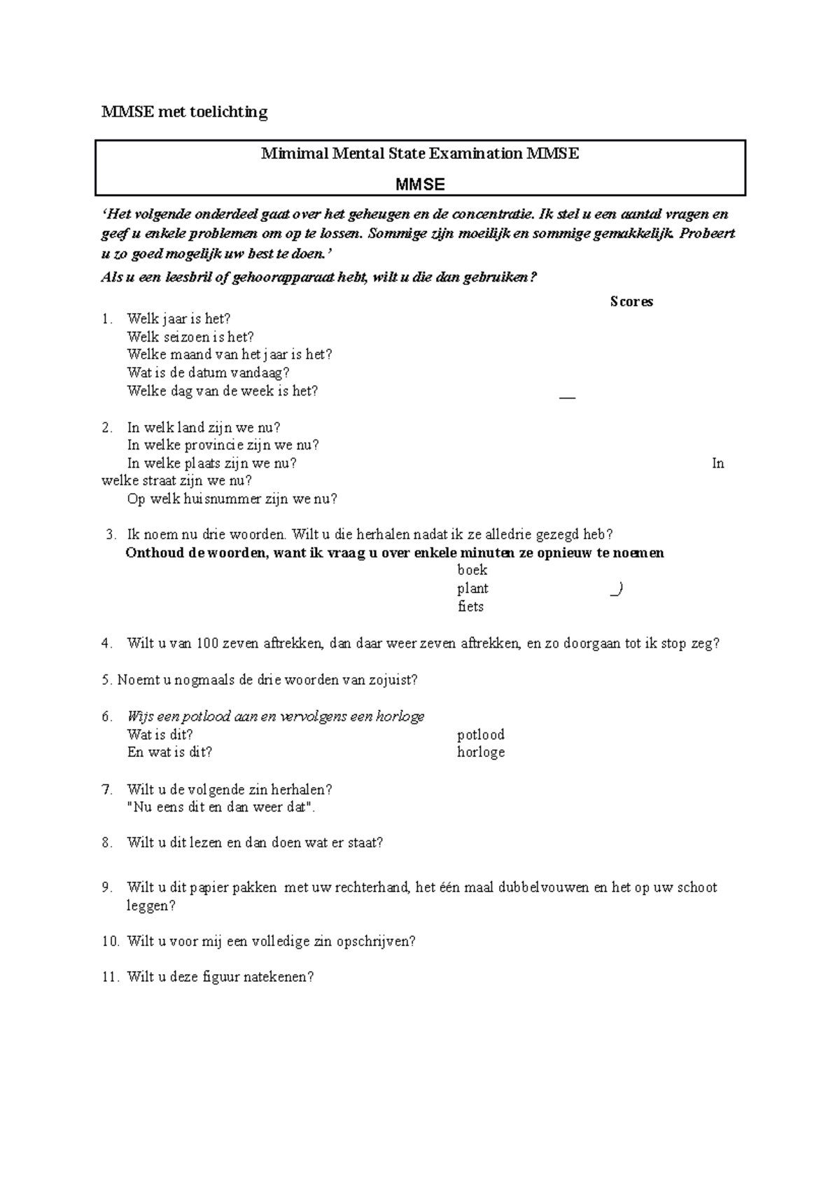 MMSE met toelichting - MMSE met toelichting Mimimal Mental State ...