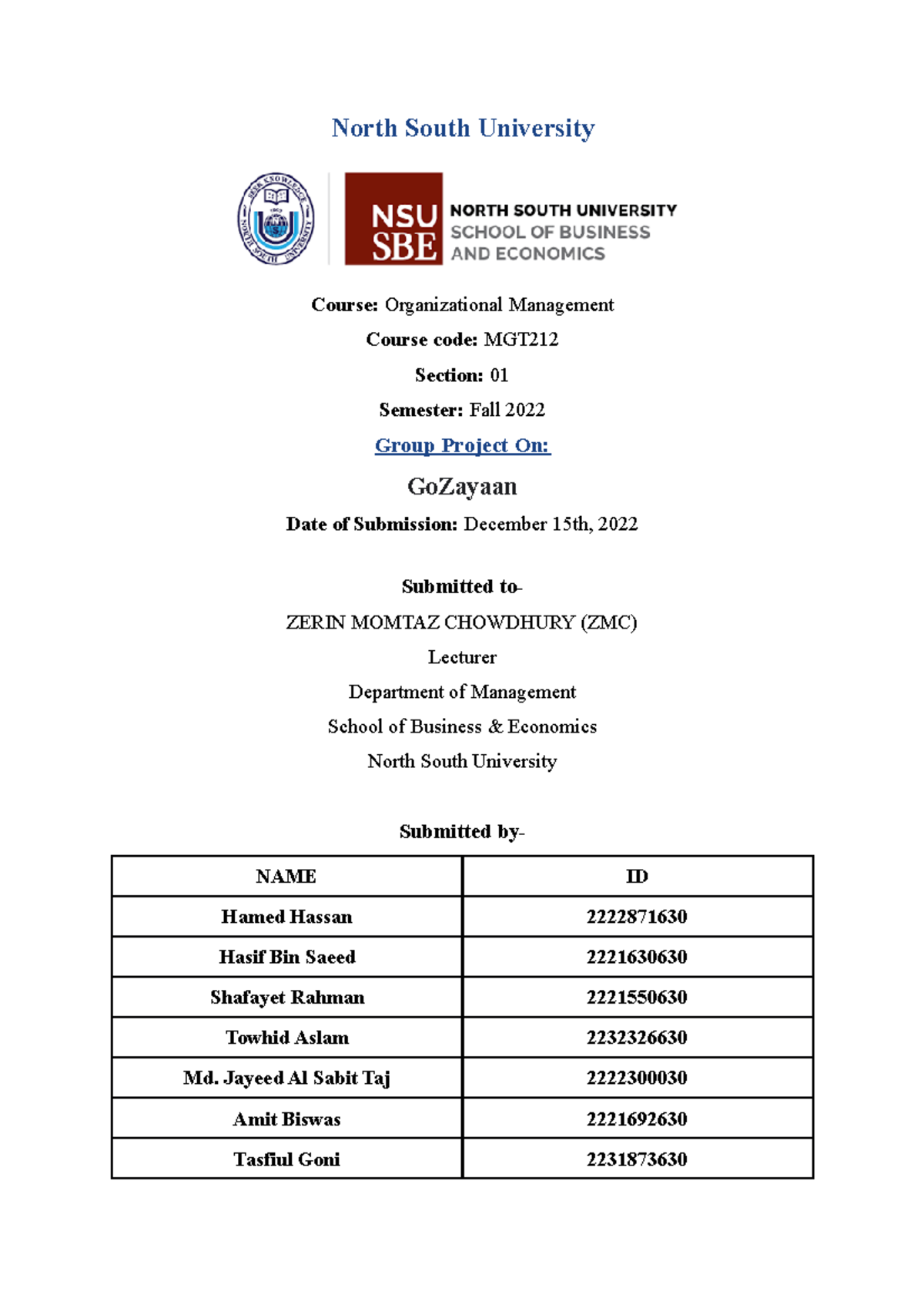 MGT212 Group Report on Go Zayaan Final - North South University Course ...